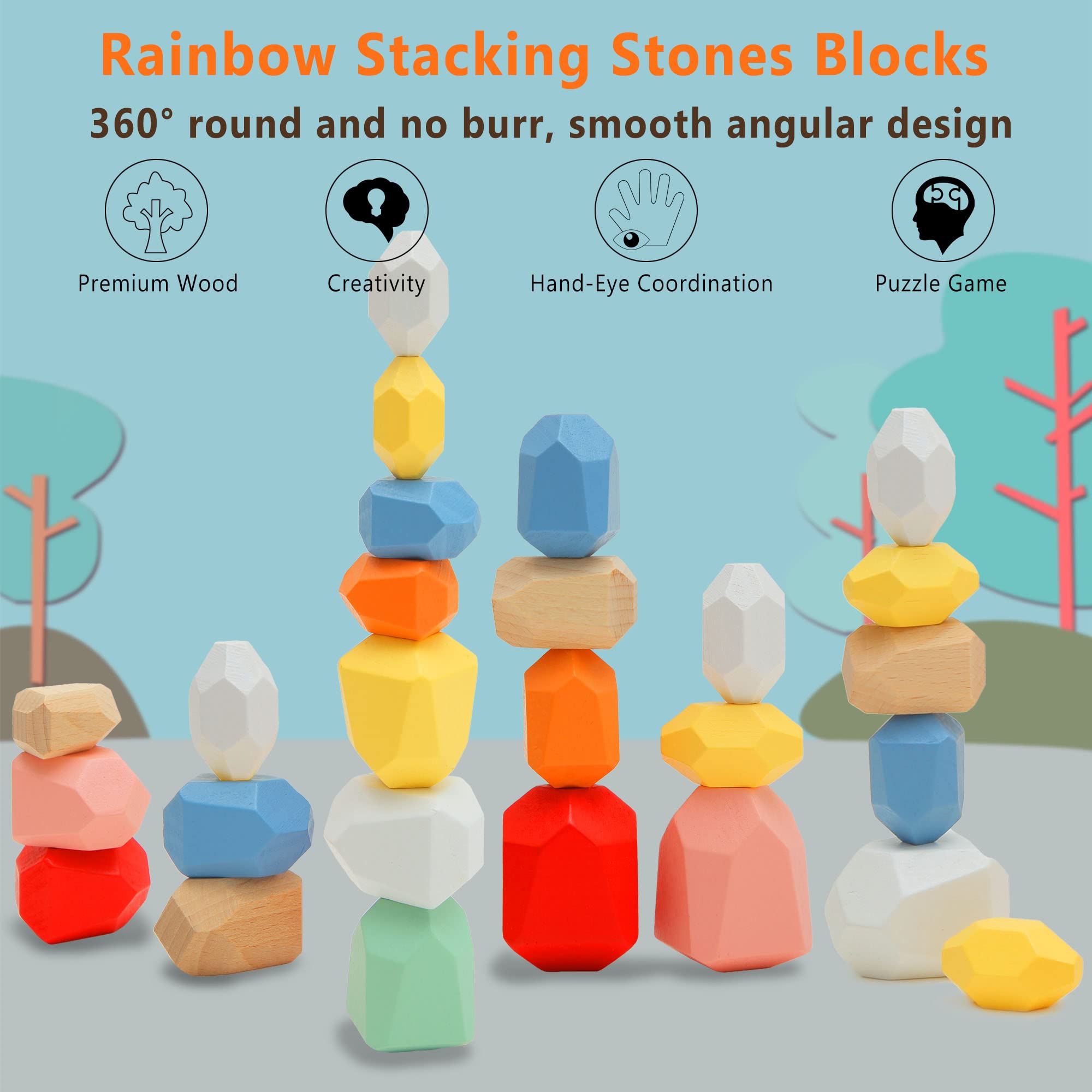 DORLETEM 36PCS Wooden Balancing Stacking Rocks Stones, Building Blocks Set, Montessori Educational Preschool Learning Sensory Toys Lightweight Sorting Wooden Blocks for Kids