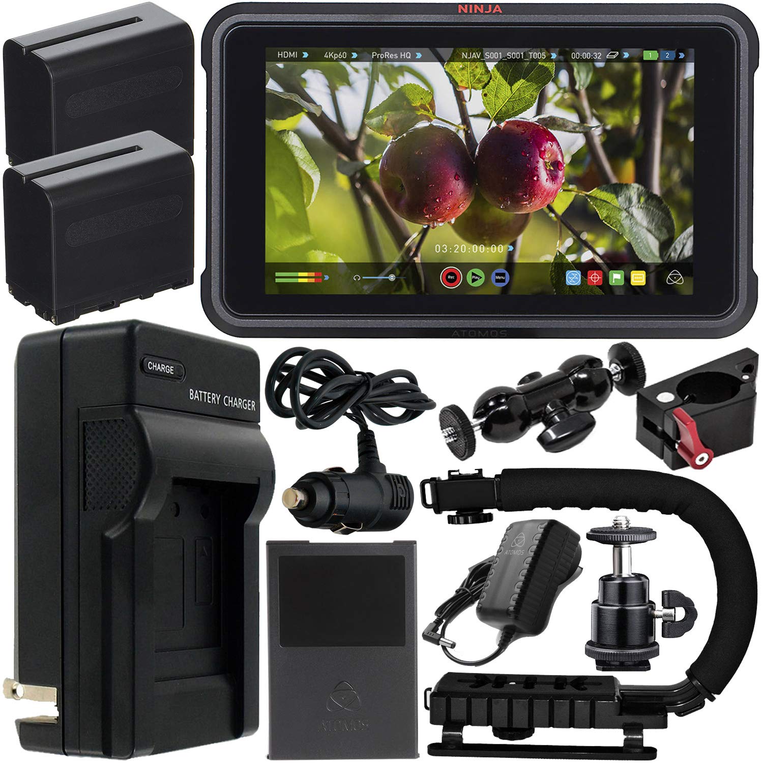 Atomos Ninja V 5" 4K HDMI Recording Monitor with Power Bundle & Accessory Kit – Includes: 2x Extended Life NP-F975 Batteries with Charger, Action Grip Stabilizer, Rotating Monitor Mount & MORE