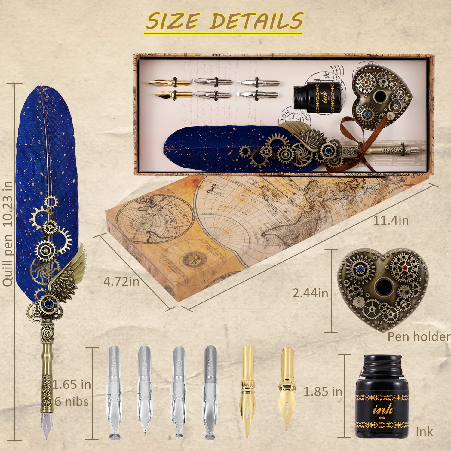 CALIYO Antique Quill Pen Ink Set, Feather Pen Calligraphy Pen Set, Mechanical Wing Quill Pen with Mechanical Exquisite Pen Holder, 6 Calligraphy Nibs, Suitable for Calligraphy Lovers(Blue Quill Pen)