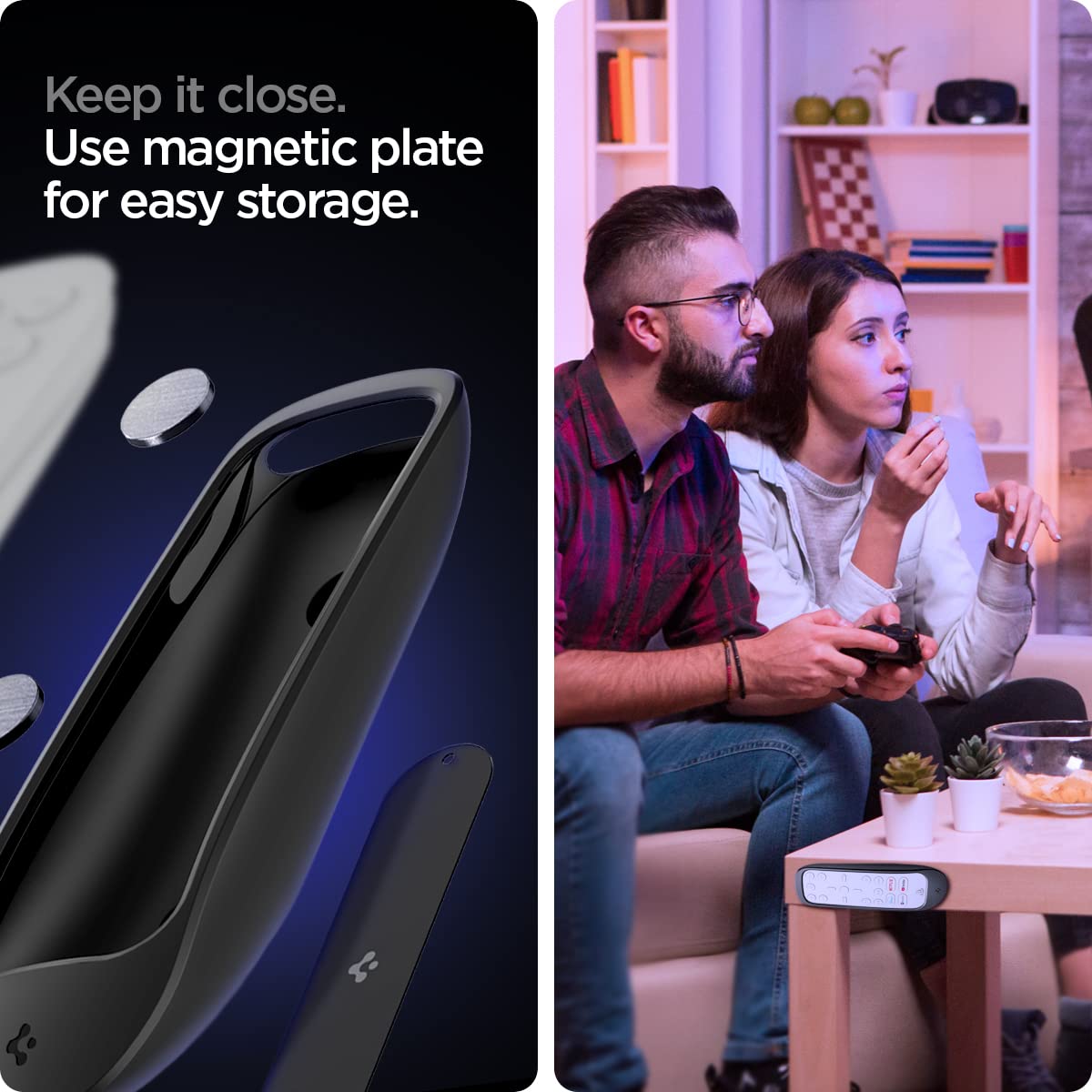 Spigen Silicone Fit Designed for PS5 Media Remote Cover Anti-Slip Protective Shock Absorption PlayStation 5 Media Remote Case (Metal Plate and Magnetic Included) - Black
