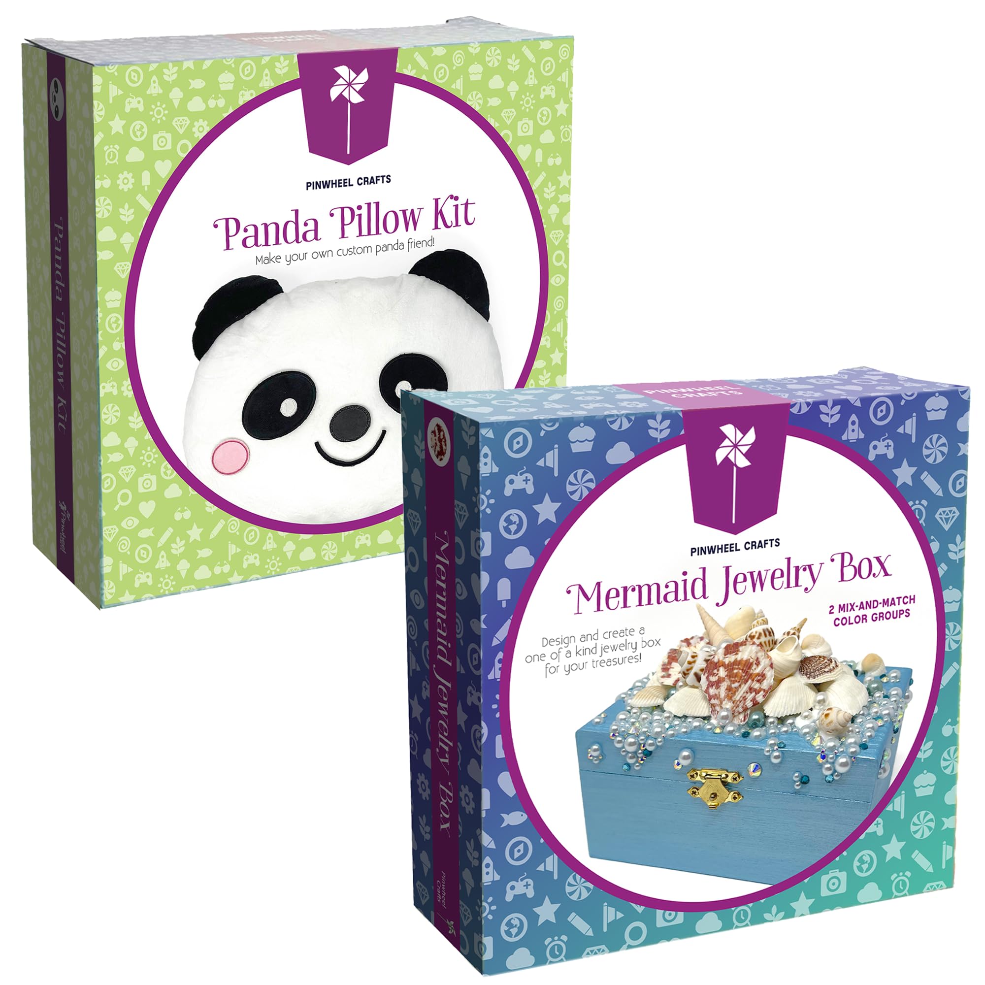 Panda Pillow Kit & Mermaid Jewelry Box Kit Bundle - Fun DIY Arts and Crafts Project for Kids Ages 6 7 8 9 10 11 12 - Great Gifts for All Occasions