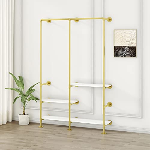 HEONITURE Gold Clothing Rack with 3-Tier Shelves, Multi-Purpose Heavy Duty Industrial Pipe Clothes Rack, Wall Mounted Garment Hanging Rods for Closet and Bedroom (Gold)
