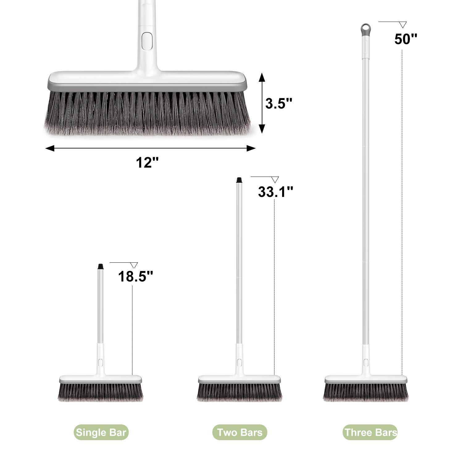 BOOMJOY Outdoor Push Broom, Soft Carpet Brush for Pet Hair, Kitchen Broom with 50" Iron Long Handle, for Garage, Deck, Carpet, Bathroom, Boat, Concrete, Tile, Wall, Patio