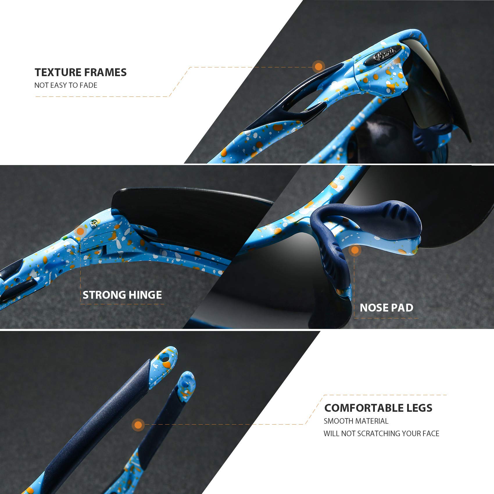 Bevi Polarized Sports Sunglasses for Men Women Baseball Running Cycling Golf Tr90 Durable and Ultralight Frame 2735C6