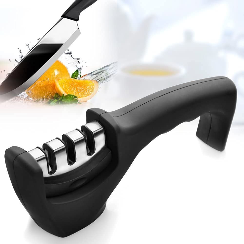 Bectim Knife Sharpener Kitchen Knife Sharpening with 3 Stages: Emery, Wolfram Steel, Ceramic Notch for Sharpening Straight Blades from Blunt to Razor Sharp (Black)