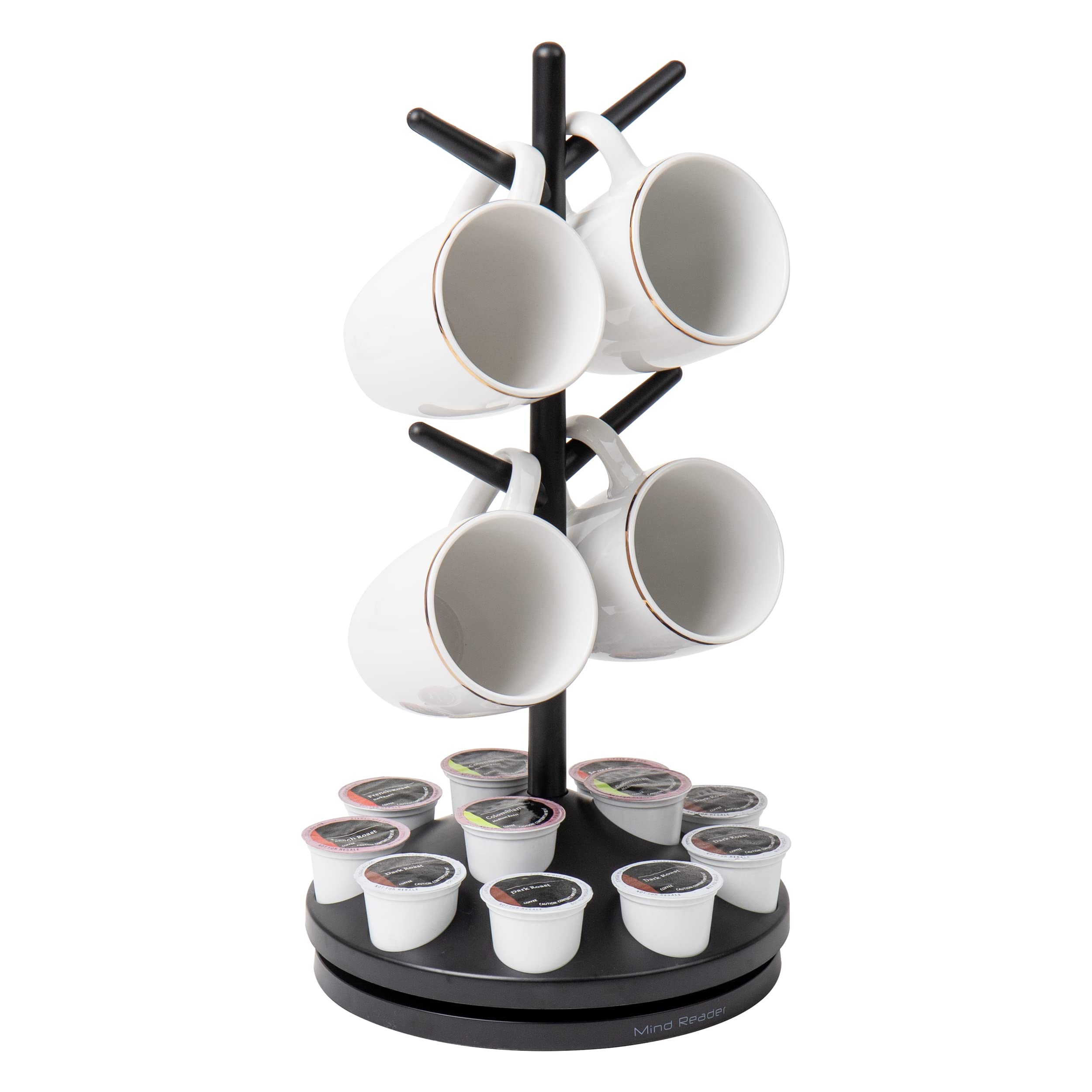Mind Reader Single Serve Coffee Pod Organizer & Mug Tree, 12 pod and 4 Mug Capacity, Countertop, 9" L x 9" W x 17.75" H, Black
