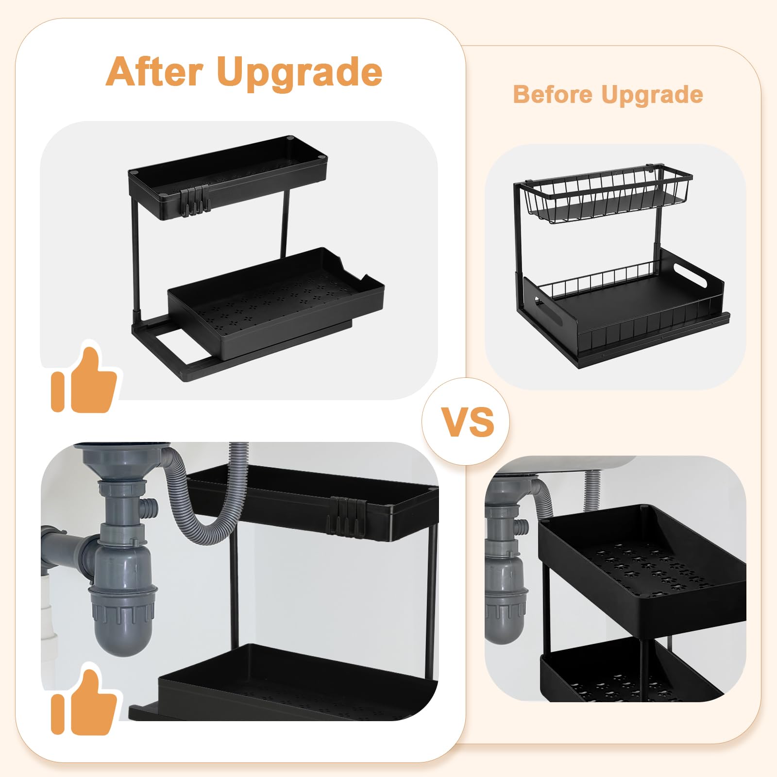 Bellzacasa Under Sink Organizers and Storage, 2 Tier Sliding L-shape Bathroom Cabinet Organizer, Multi-purpose Under Sink Organizer Shelf with 4 Hooks for Kitchen Bathroom Cabinet(Black, 1Pack)