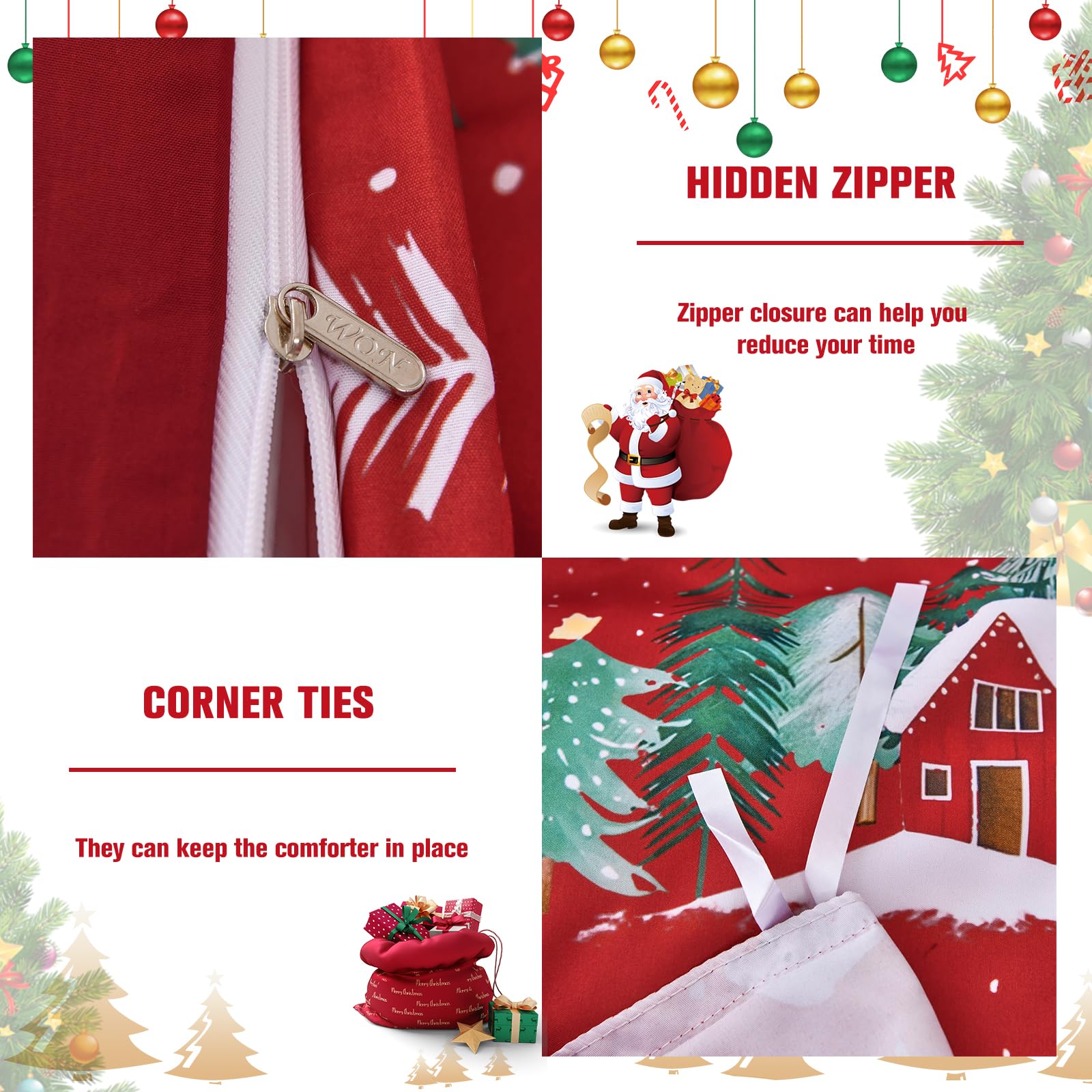 Dinjoy Christmas Red Duvet Cover Set King Size, 3 Piece Father Christmas Xmas Trees Snowman, Soft Microfiber King Duvet Cover Set for All Seasons