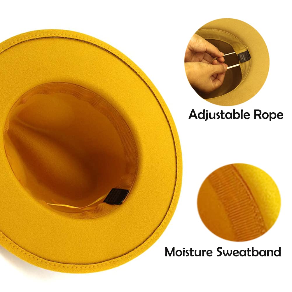 HUDANHUWEI Women's Wide Brim Fedora Panama Hat with Metal Belt Buckle W Yellow