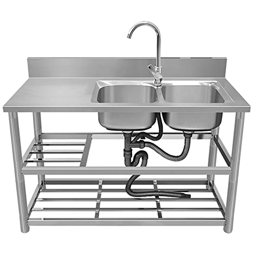 Outdoor Utility Sink,Stainless Steel Kitchen Sink,Free Standing Sink Commercial,w/Workbench & Double Storage Shelves Indoor Outdoor,for Laundry Garage Indoor Outdoor. (Color : B-Right Slot, Size :