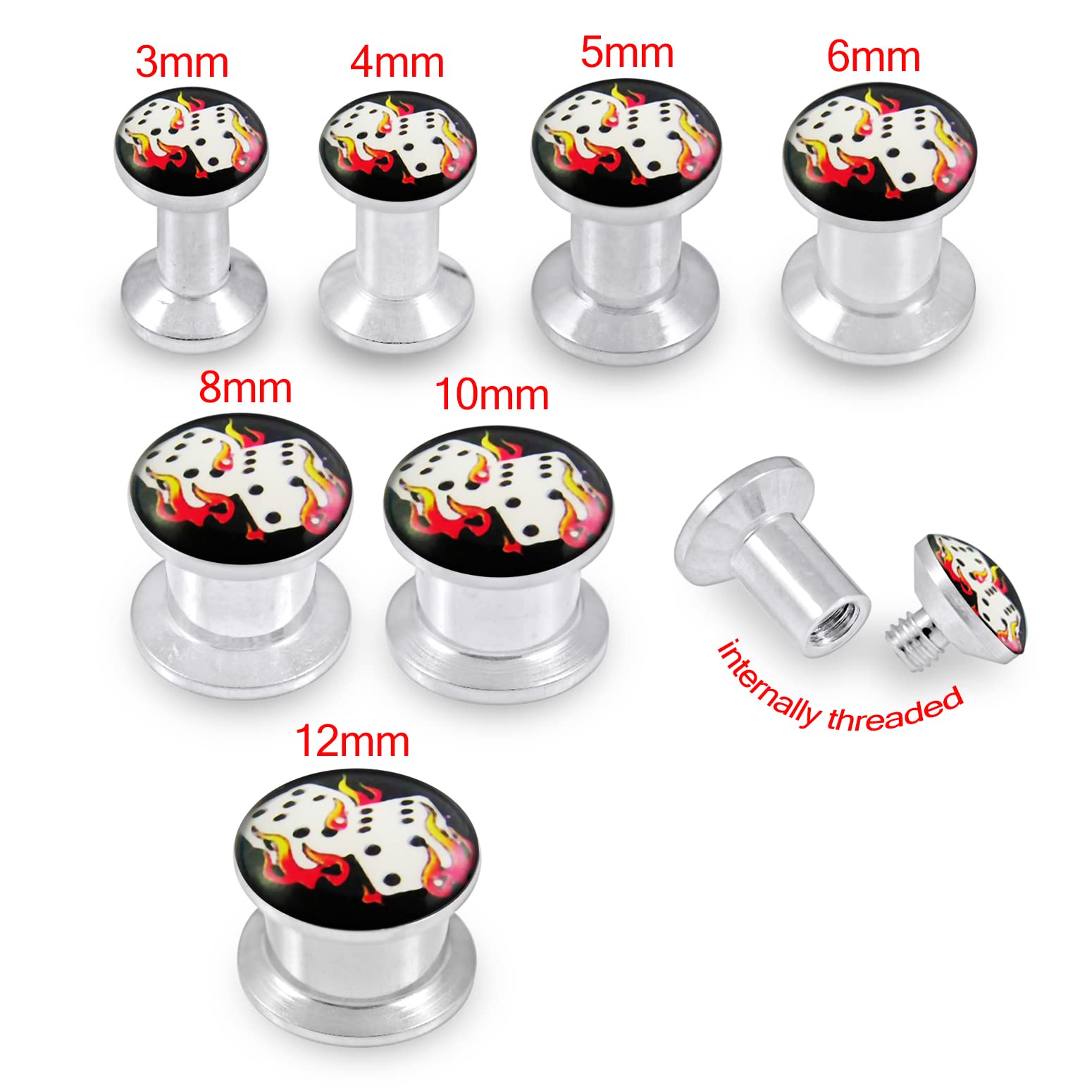 AtoZ Piercing 0 Gauge - 8MM Bruning Dice Logo 316L Surgical Steel Internally Threaded Flesh Tunnel - Sold by Piece
