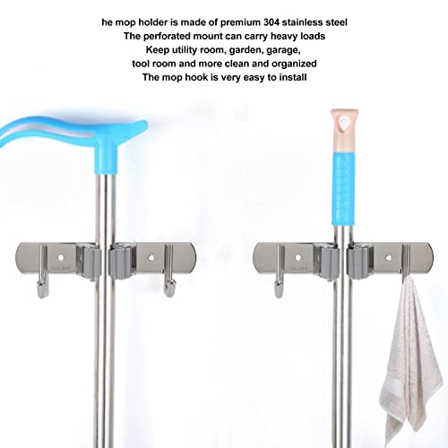 Broom Holder, 6.3in Mop Hanger with 2 Hooks, Wall Mount Metal Organization Garage Broom Storage, Sturdy Broom Holder Wall Mount, Garage Organization Tool for Home Kitchen Garden Laundry Room