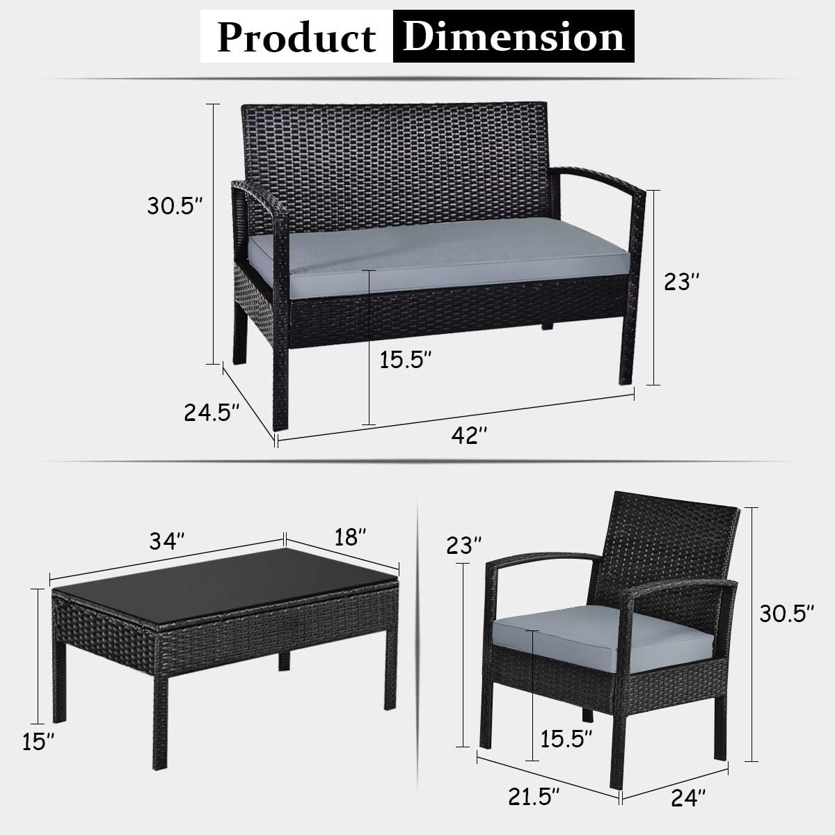 DORTALA 4 Piece Patio Furniture Set, Outdoor Rattan Wicker Conversation Set with Cushion & Coffee Table, Chairs and Table Set for Courtyard Balcony Garden, Black