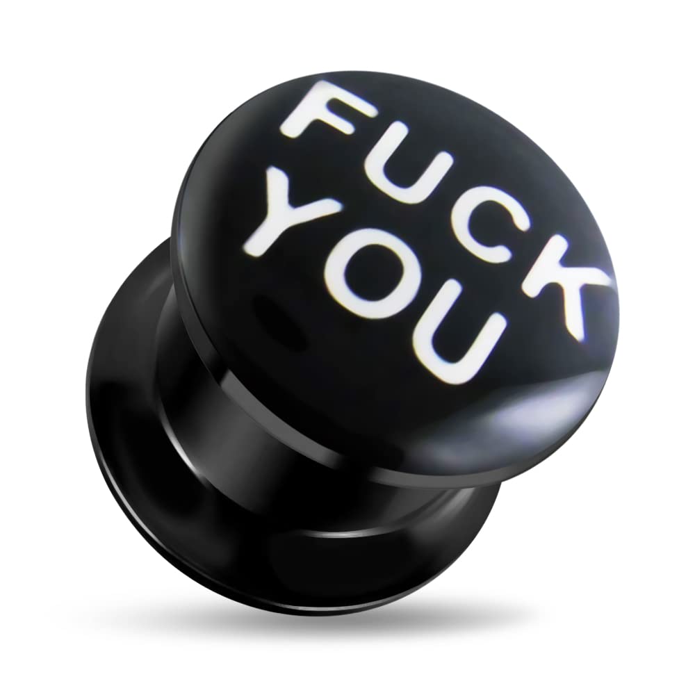 AtoZ Piercing 00 Gauge - 10MM Word Logo Picture on Black UV Acrylic Internally Threaded Double Flared Ear Plug - Sold by Piece