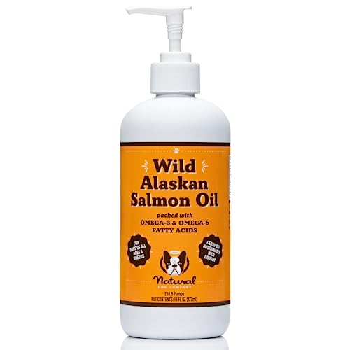 Natural Dog Company Wild Alaskan Salmon Oil for Dogs (16oz) Skin & Coat Supplement for Dogs, Dog Oil for food with Essential Fatty Acids, Fish Oil Pump for Dogs, Salmon Oil for Puppies, Omega 3 Fish Oil for Dogs, Wild Fish Oil