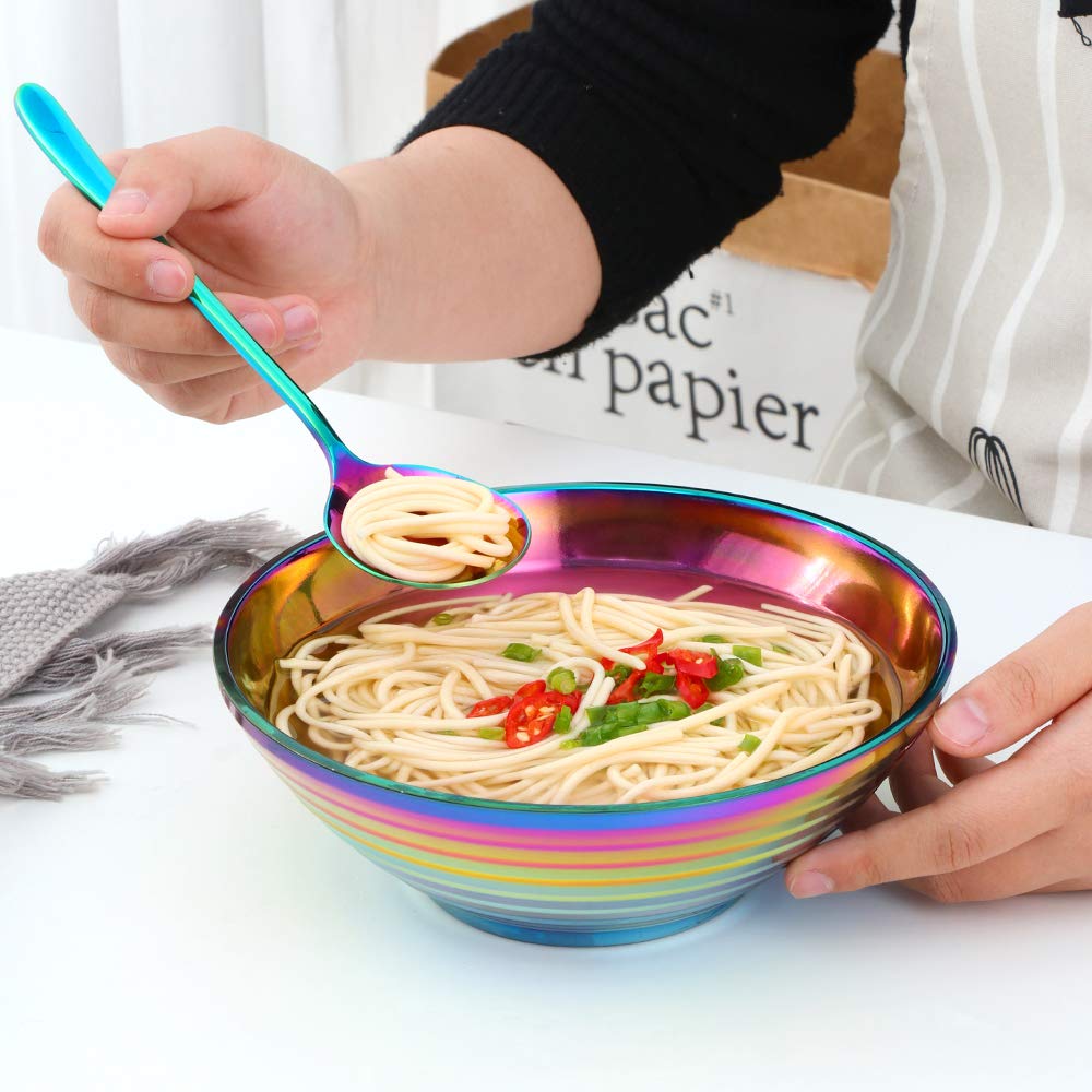 Buy THINGS! Ramen Noodle Soup Bowl,2 Sets Double Layer 18/8 Stainless Steel Bowl(7.09 inch), with Matching Spoon and Chopsticks (Rainbow)