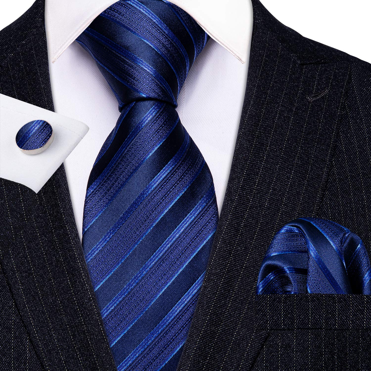 Barry.Wang Men Tie Classic Silk Gift Necktie With Tie Clip Jacquard Woven Neck Ties 6PCS Formal Wedding (Stripe Blue)