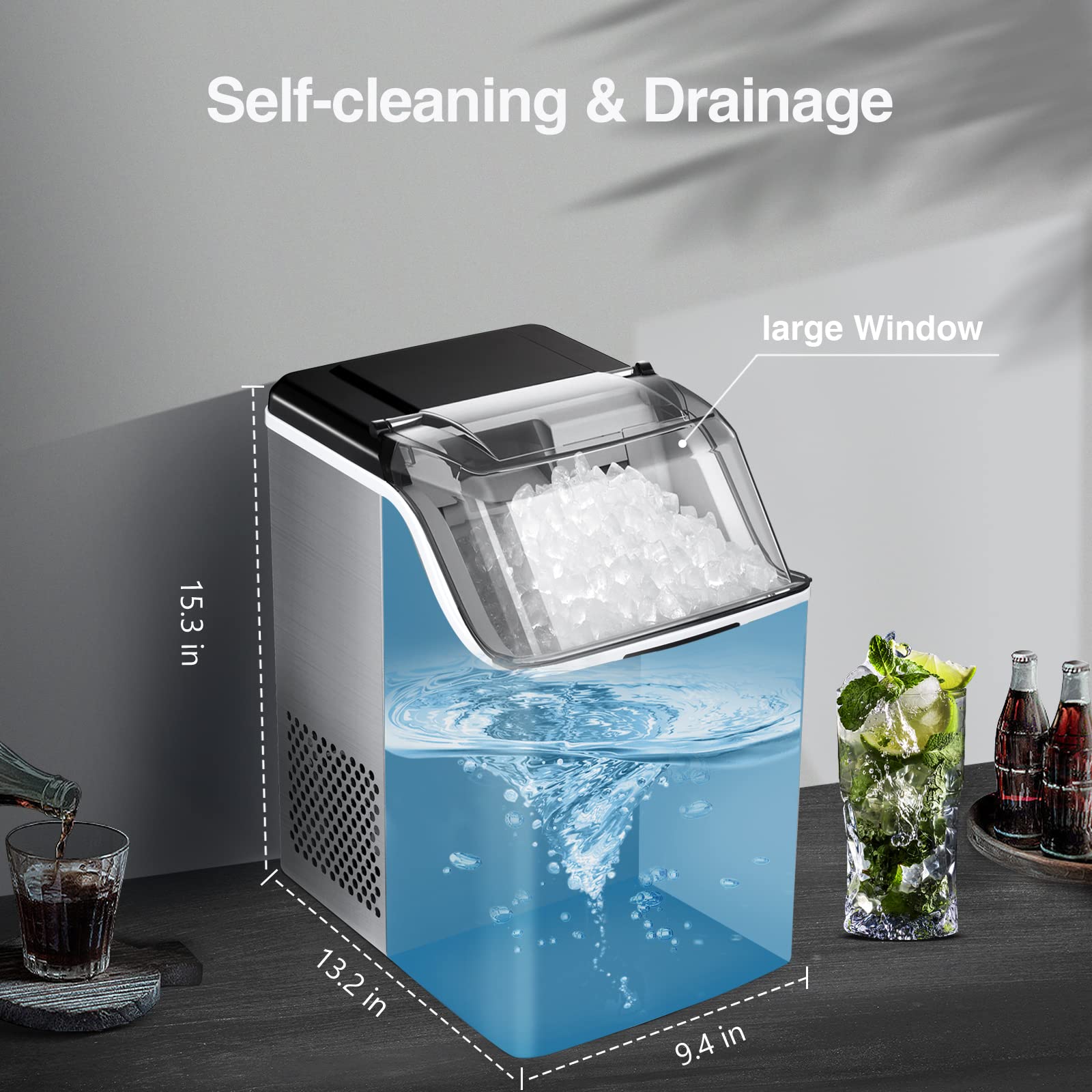 R.W.FLAME Nugget Ice Maker Countertop, Pebble/Pellet Ice Maker,Ice Ready in 10-15 Mins, 44Lbs/24H, Auto Self-Cleaning, with LCD Screen for Home Office Party Bar,Silver