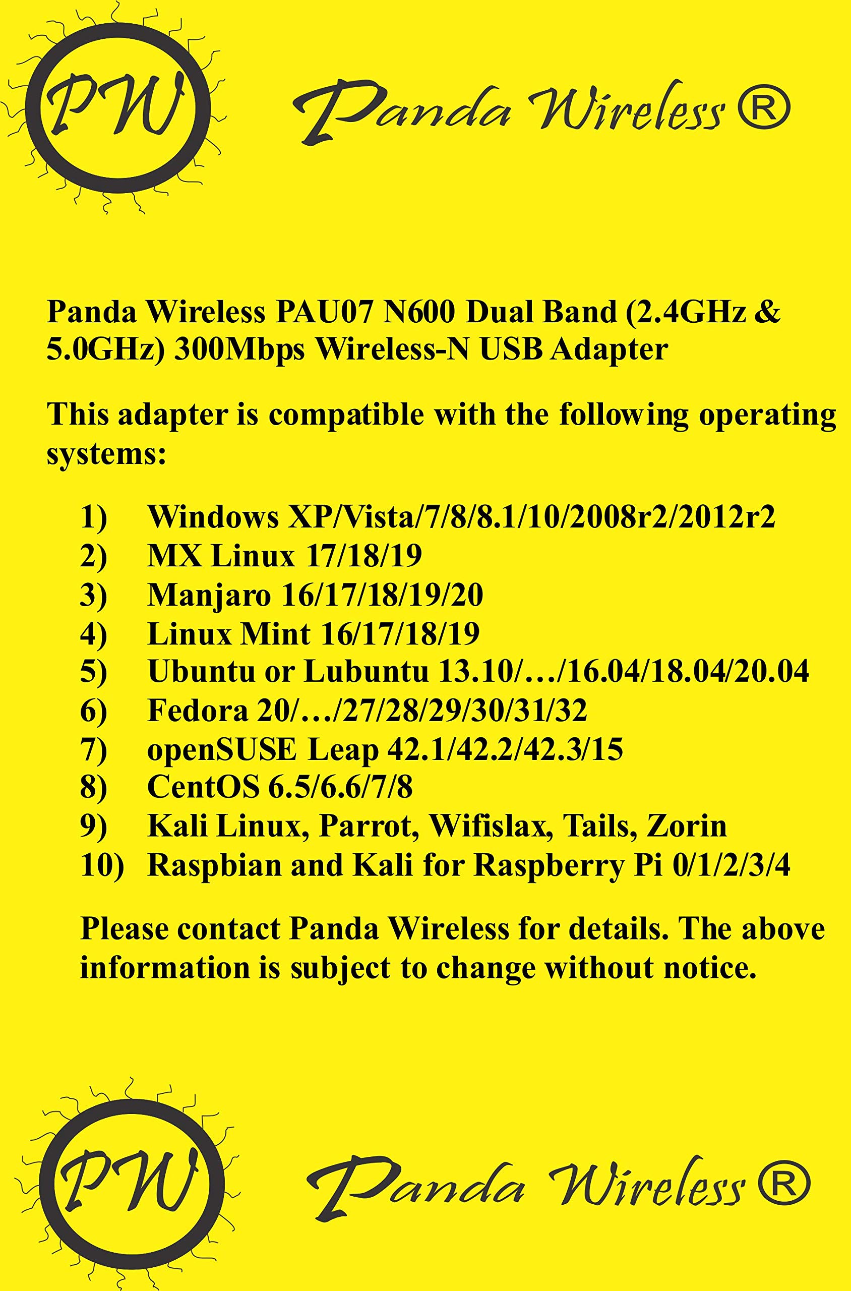 Panda Wireless® N600 Dual Band (2.4GHz & 5.0GHz) 300Mbps Wireless N USB Adapter w/WPS Button - Windows XP/Vista/7/8/10/11, Zorin, Mint, Ubuntu, openSUSE, Fedora, Centos & Kali Linux