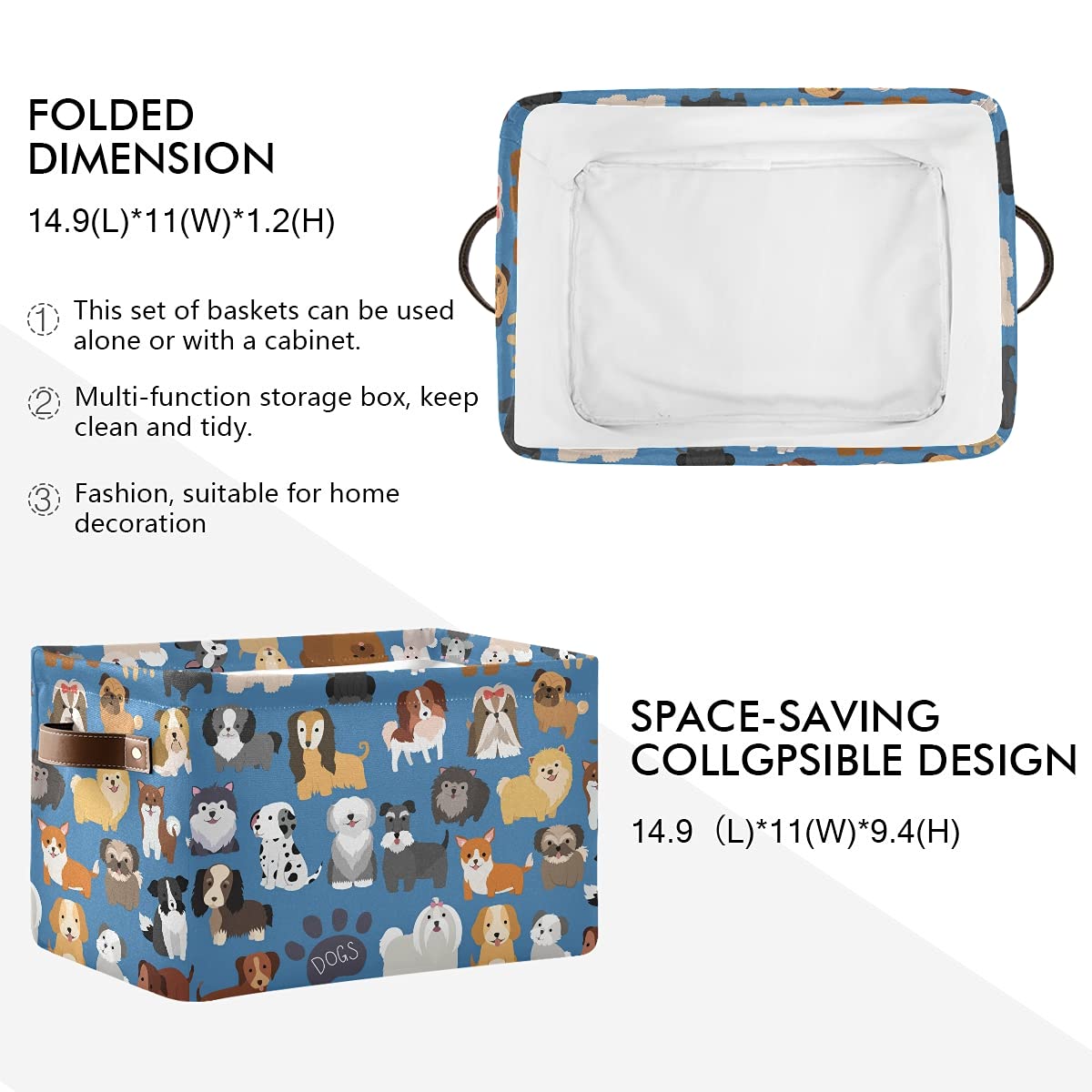 Cute Animal Dog Puppy Pattern Storage Bin with Handle Foldable Canvas Storage Basket Box Cube Organizer for Bedroom Home Office Closet Shelve Clothes Toy,1PC