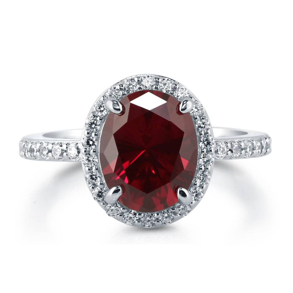 BERRICLE Sterling Silver Halo Wedding Engagement Rings Simulated Ruby Oval Cut Cubic Zirconia CZ Ring for Women, Rhodium Plated Size 9