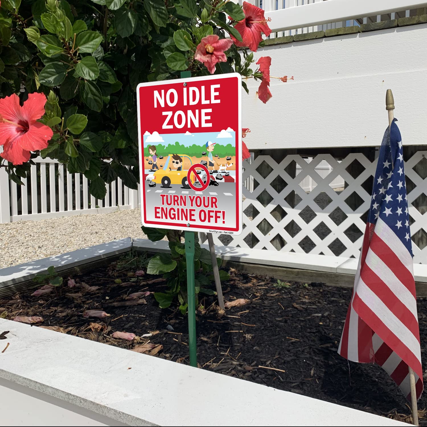 SmartSign 12 x 10 inch “No Idle Zone - Turn Your Engine Off” LawnBoss Yard Sign with 3 foot Stake, 40 mil Laminated Rustproof Aluminum, Multicolor, Set of 1, Made in USA