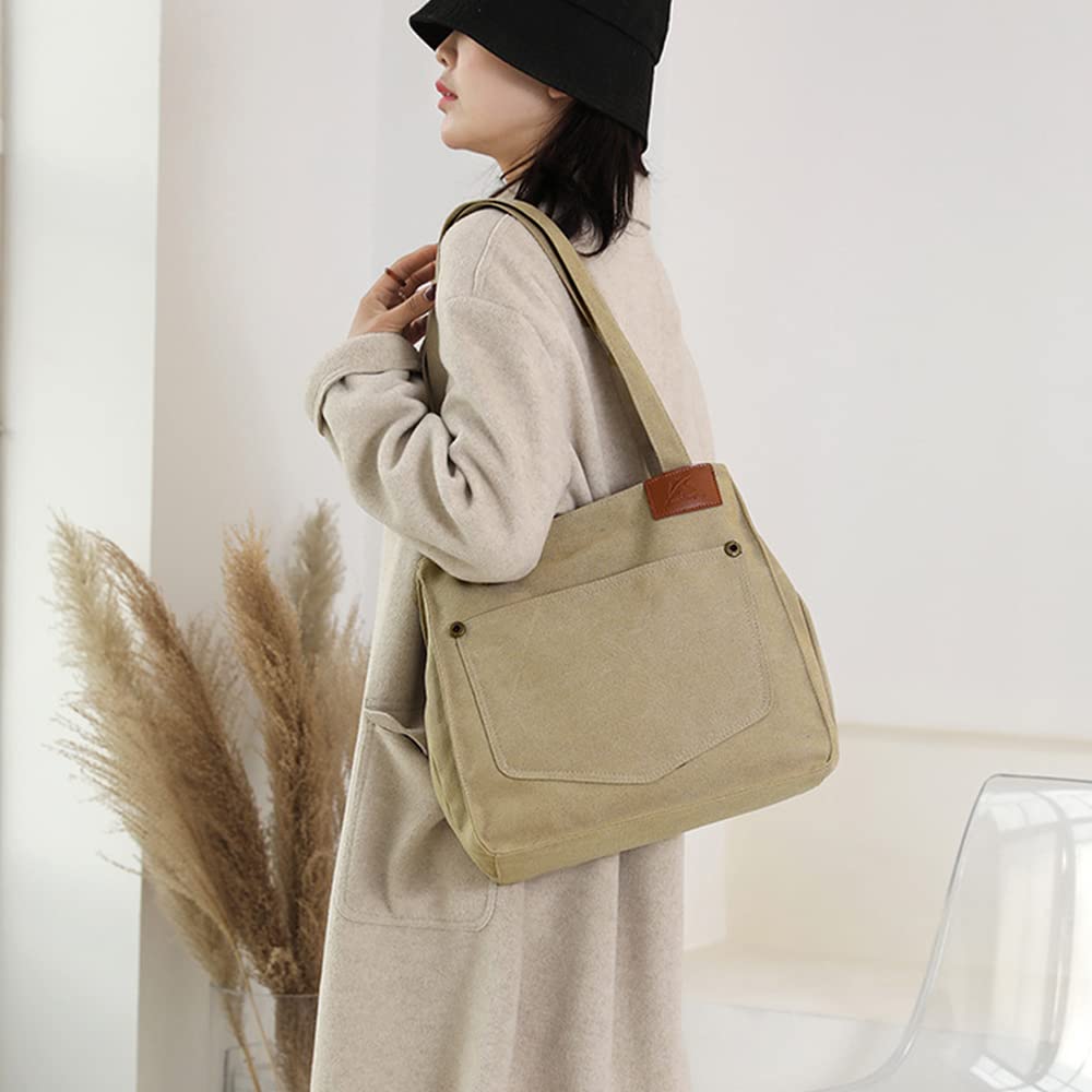 Barsine Canvas Bags with Zipper Handles Heavy Duty Medium Size Shoulder Handbag for Work School Tote Purse Camel