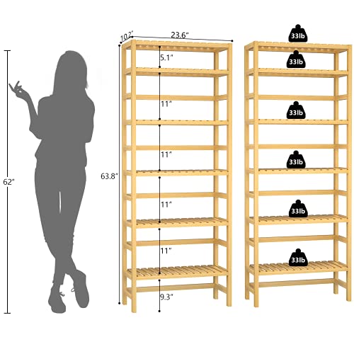 Homykic Bookshelf, 6-Tier Bamboo Adjustable 63.4β Tall Bookcase Book Shelf Organizer, Free Standing Storage Shelving Unit for Living Room, Kitchen, Bedroom, Bathroom, Office, Rust Resistance, Natural
