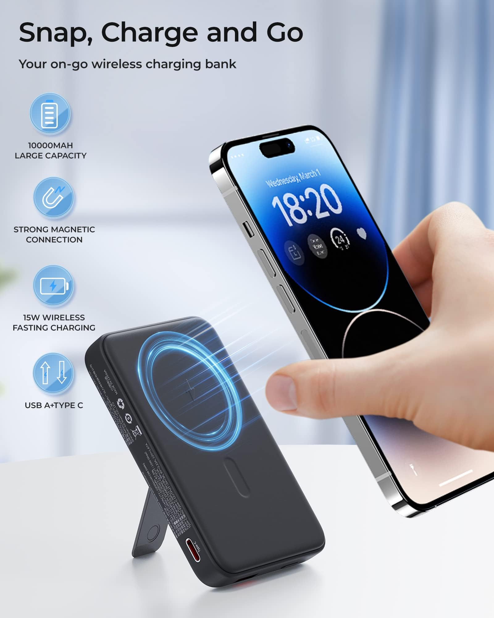 BENKS Magnetic Power Bank, 10000mAh Foldable Kickstand Wireless Portable Charger, for MagSafe Baterry Pack with Two-Way 20W USB-C Port for iPhone 15 Pro Max/15 Pro/15 Plus/15, iPhone 14/13/12 Series