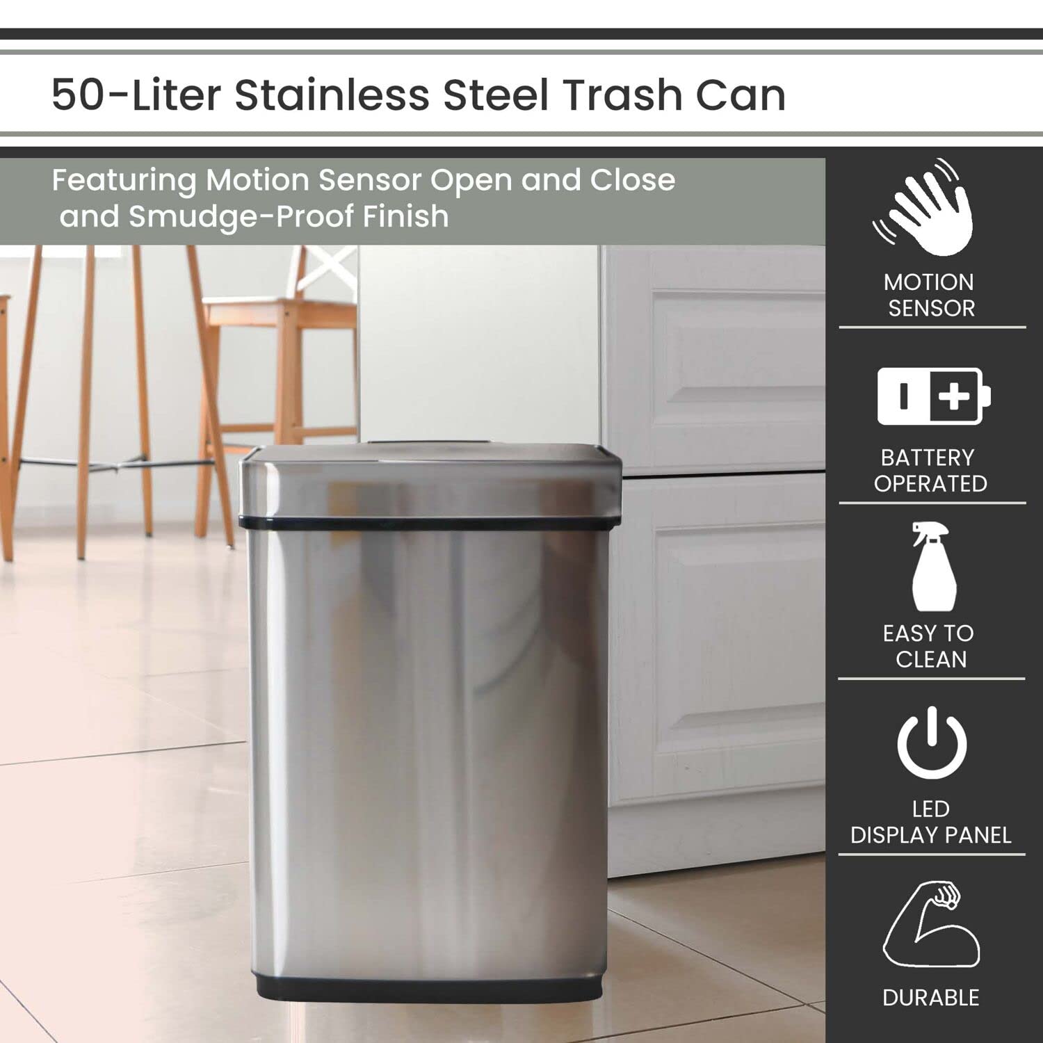Hanover Home 33-in. Tall Hands-Free Steel Trash Can with Fingerprint-Resistant Finish and Soft-Close Motion Sensor Lid for Kitchen - 13.2 Gallons (50 Liters) in Black