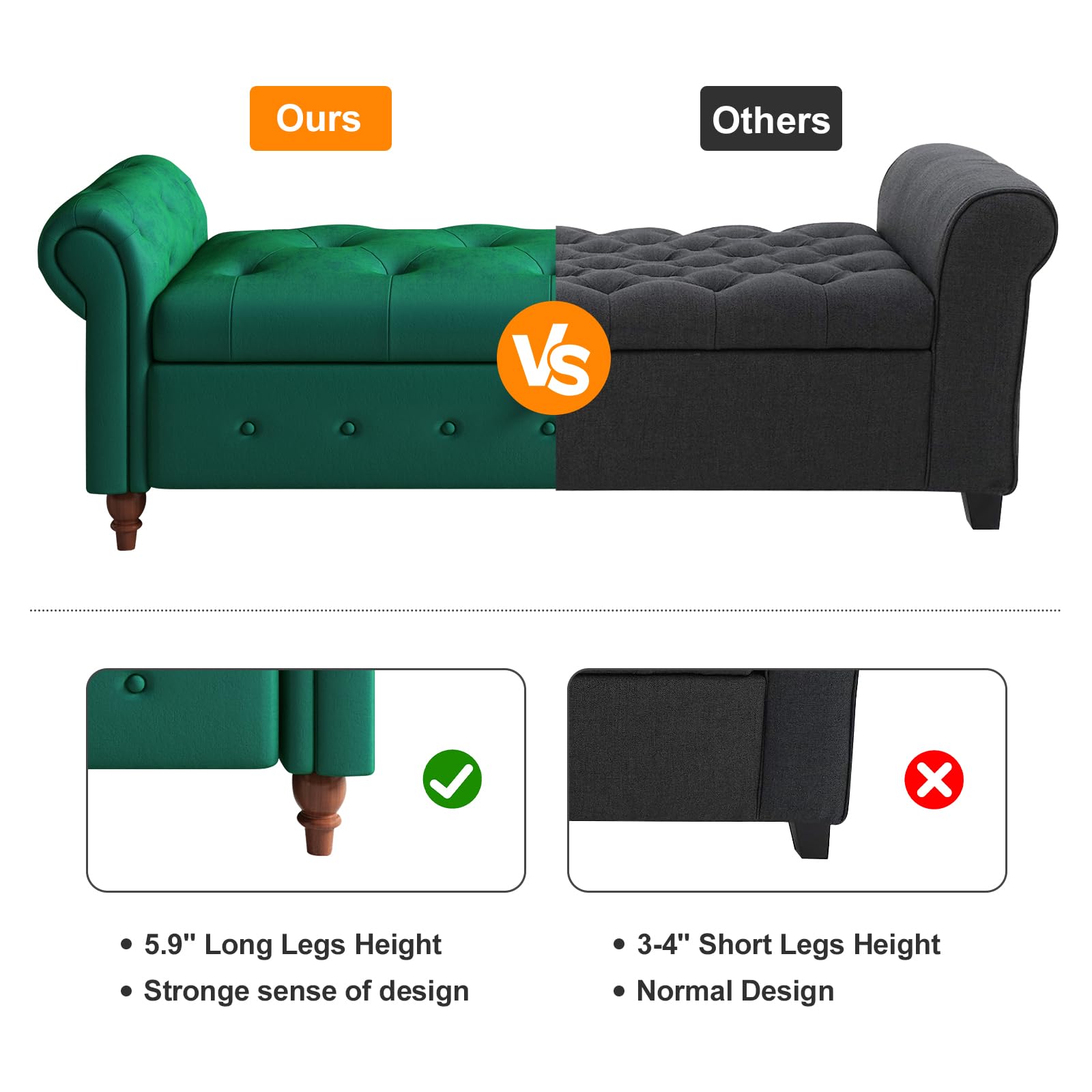 ayoodfo Storage Bench for Bedroom End of Bed, 63" Button Tufted Ottoman Bench, Rolled Armed Couch Long Bench Upholstered Window Bench for Bedroom, Living Room, Entryway, Dark Green