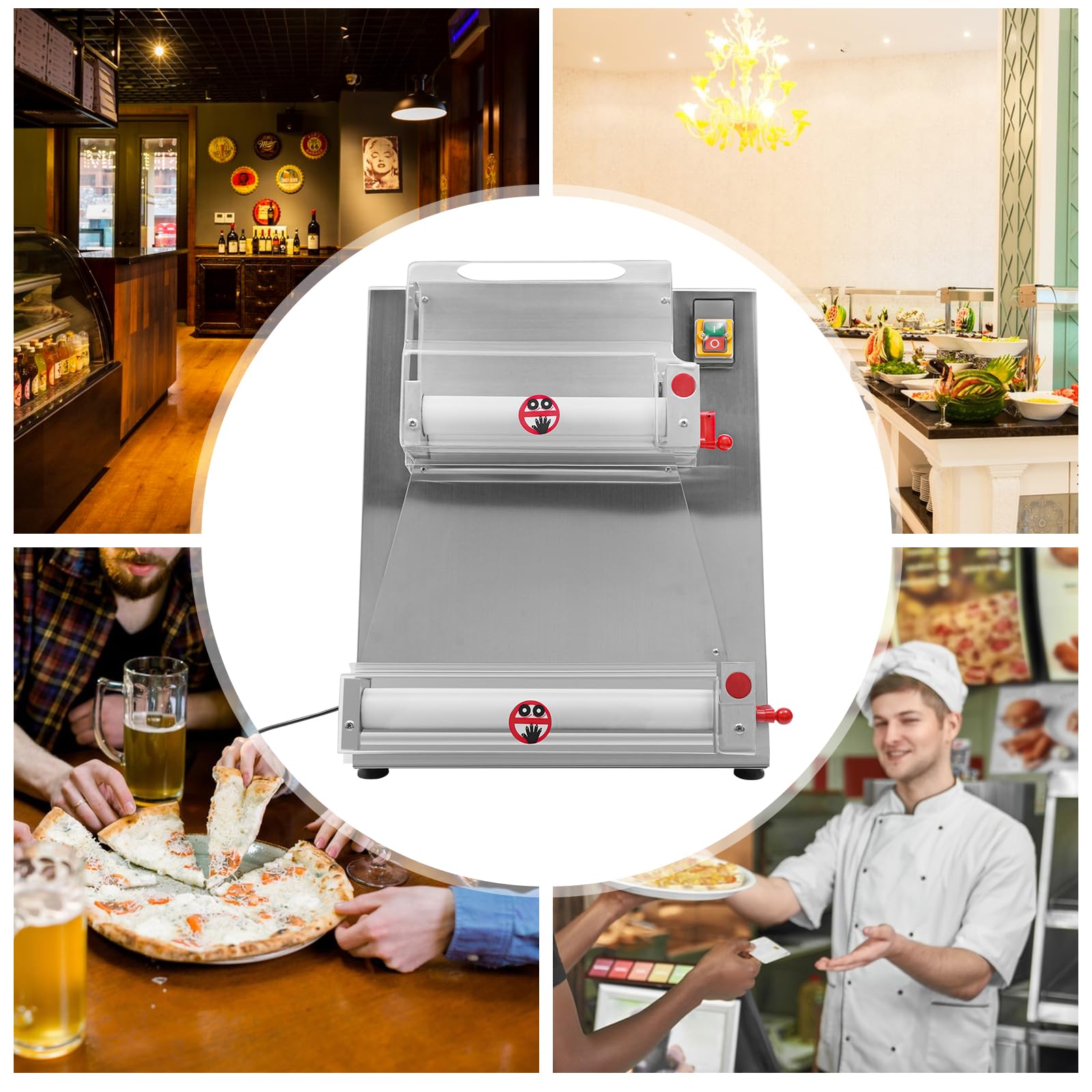 Commercial Pizza Dough Roller Sheeter, 3-15 Inch Electric Automatic Pizza Press, Stainless Steel Adjustable Thickness Dough Machine for Bakeries, Pizzerias, Restaurants, Kitchens