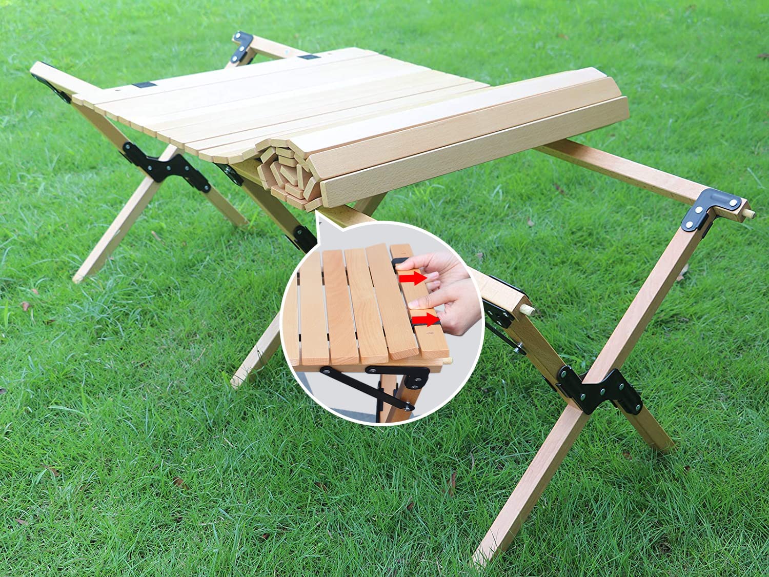 Benewin Camping Folding Wood Table- Portable Foldable Outdoor Picnic Table,Cake Roll Wooden Table in a Bag for Picnic, Camp, Travel, Garden BBQ Accessories