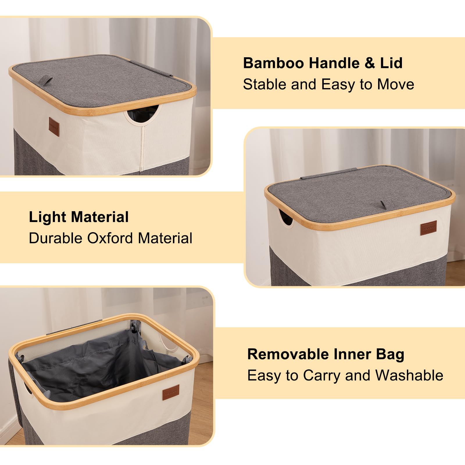 OIAHOMY Laundry Hamper With Lid, 100L Collapsible Laundry Basket With 2 Removable Inner Bags, Clothes Hamper With Bamboo Handles, Large Foldable Laundry Hamper, Dirty Clothes Hamper for Bedroom (Grey)