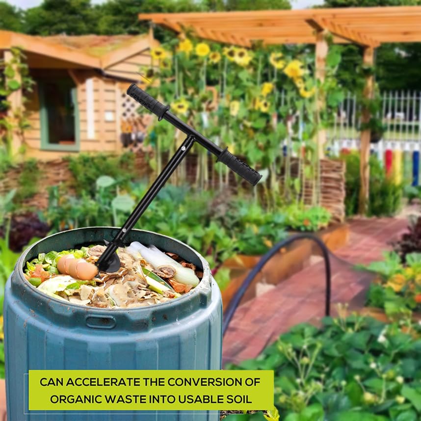 Compost Turning Tool Compost Stirring Tool,Compost Turning Bar 33.4inch,Manual Compost Aerator Tool Turner and Mixing Tool for Outdoor Compost Tumbler Bins,Composting Accessories (Black-33.4IN)