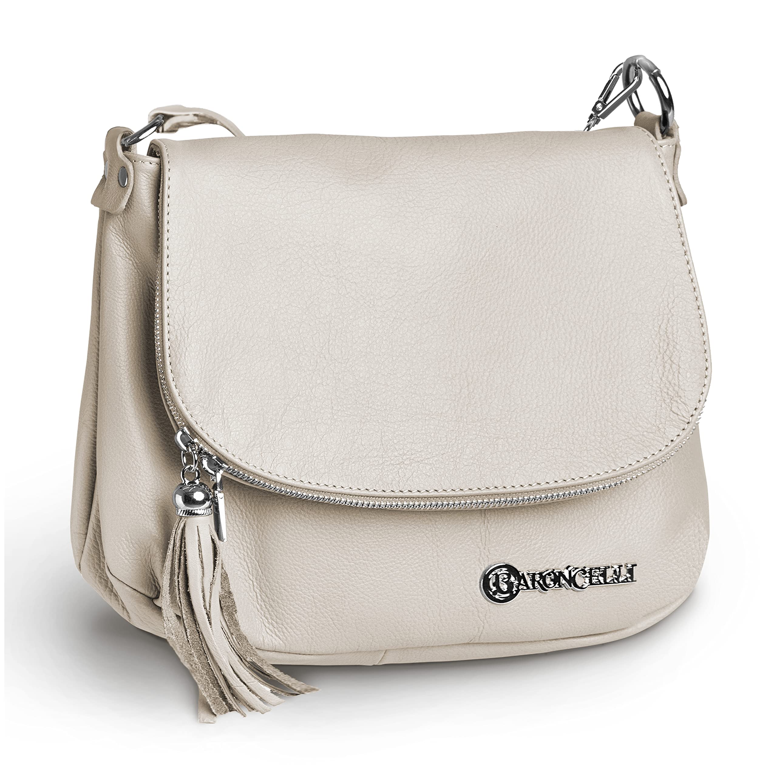 Baroncelli Italian Beige Leather Purse for Women with Long Strap Genuine Leather Made in Italy