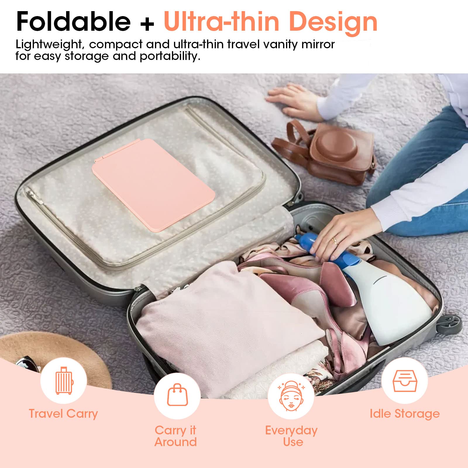 Buqikma Travel Makeup Mirror with Lights,7.9Inch Folding Lighted Travel Mirror Dimmible Ultra Thin Tabletop Cosmetic Mirror USB Rechargeable Compact Mirror for Women
