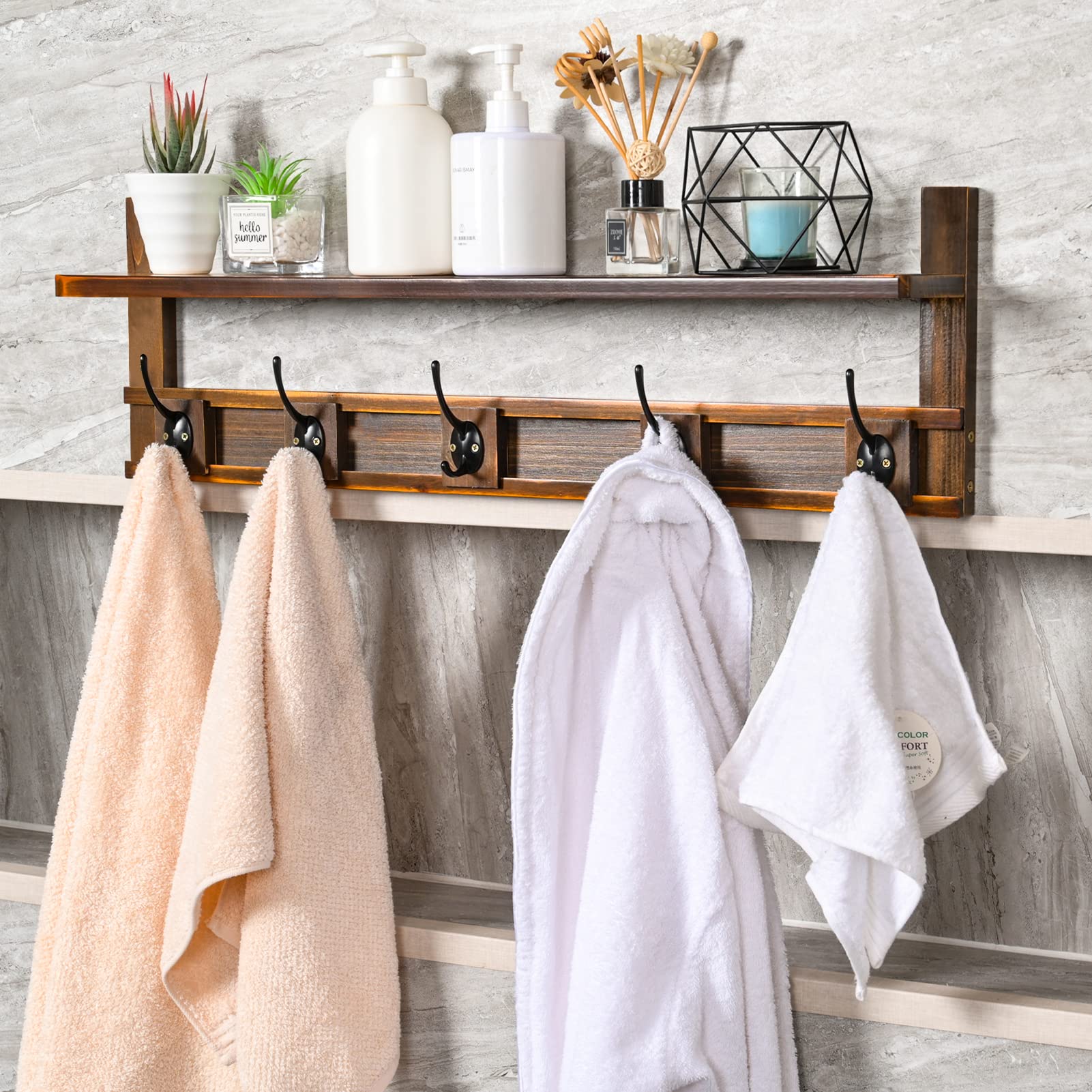 Popin Lover Coat Rack Wall Mount with Shelf, 28.9 Inches Coat Hooks Wall Mounted with 5 Hooks, Hat Wall Hooks for Hanging in Entryway, Living Room, Bathroom, Bedroom