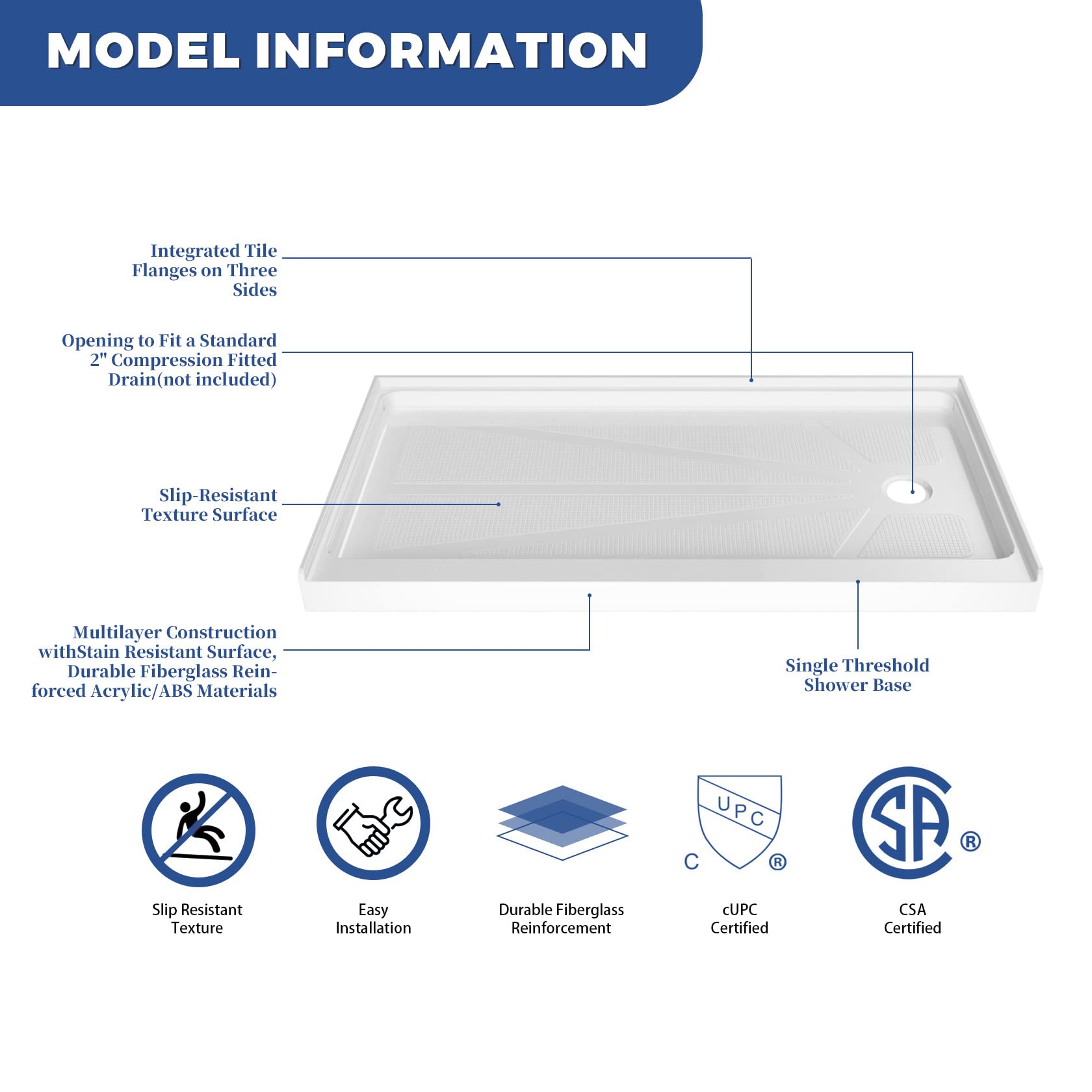 CKB 60 in. L x 30 in. W Right Drain Shower Base, Single Threshold Shower Pan with Slip Resistant Textured Surface, White