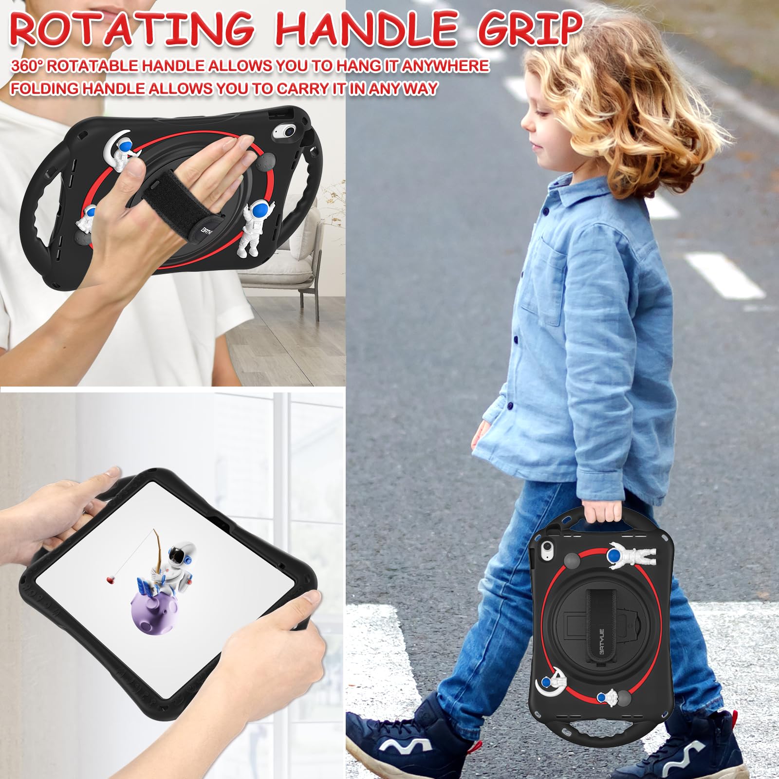 BATYUE iPad 10th Generation Case, Cute Cat Case for 2022 10.9-inch iPad (10th Generation), Rugged Heavy Shockproof Protection Cover with Pencil Holder/ 360° Swivel Stand/Shoulder Strap. - Black Red