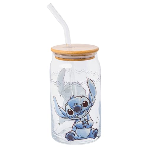 Silver Buffalo Disney Lilo and Stitch Sitting Glass Jar Tumbler with Bamboo Lid and Glass Straw, 16 Ounces