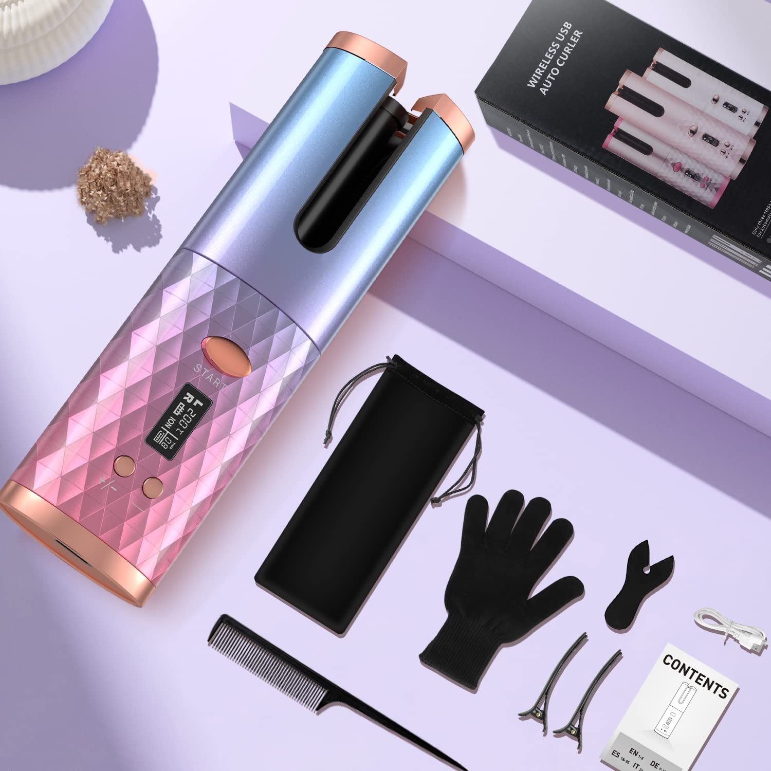 Automatic Curling Iron, Cordless Auto Hair Curler w/ 6 Temp & Timer, Rechargeable Ceramic Hair Curlers, Portable Rotating Curling Wand Styling Tool, Fast-Heating, Auto Shut Off