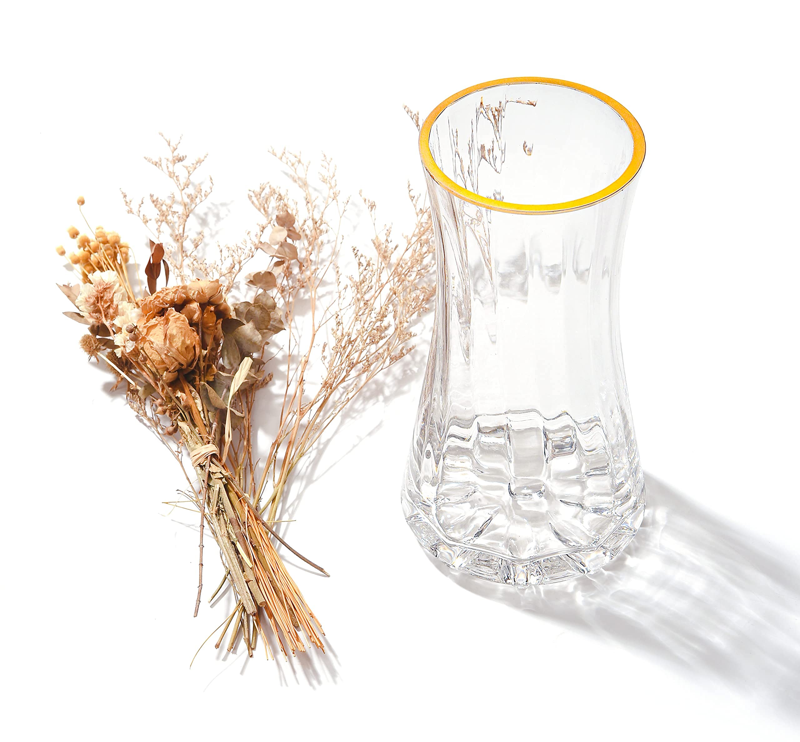 Moreast Glass Flower Vase for Home Office Decor, Crystal Clear Vase with Gold Rim and Ribbed Texture for Flower Arrangement, Spring Garden Vase 9" Tall