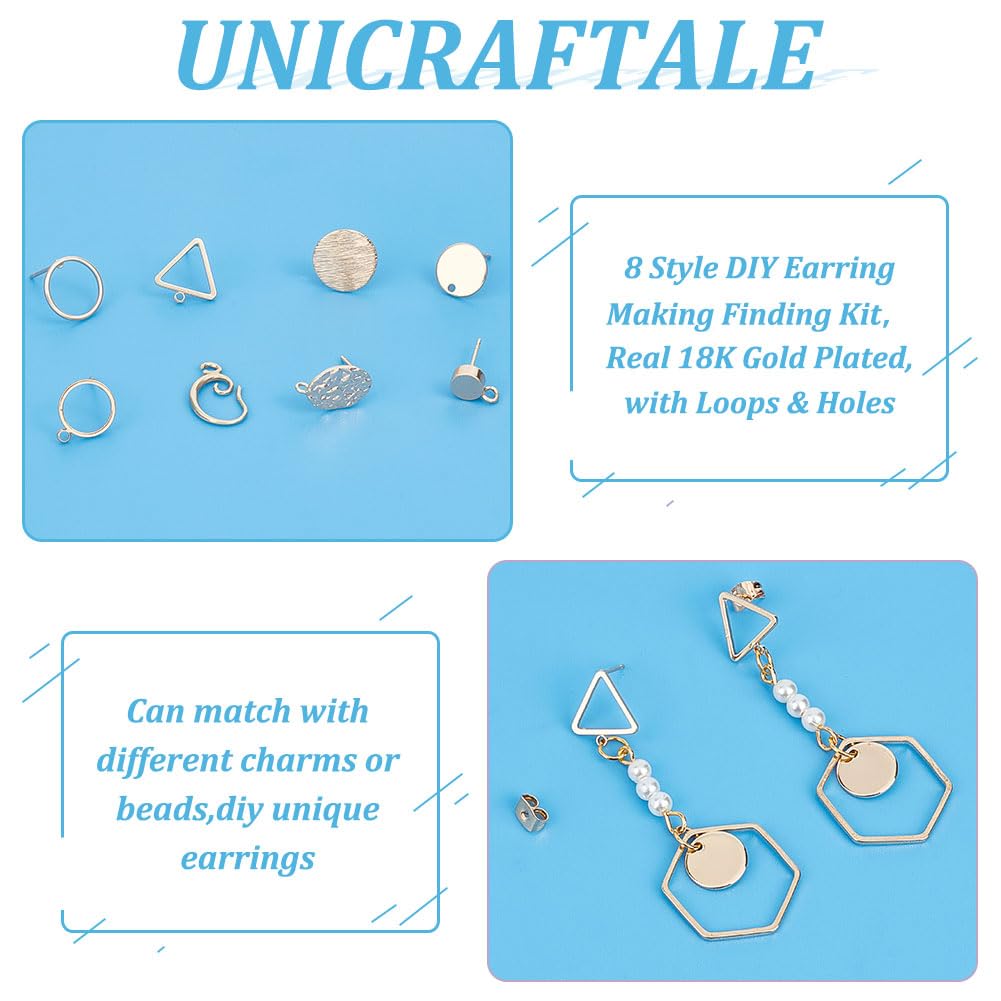 BENECREAT 8 Pairs 8 Style 18K Real Gold Plated Geometric Brass Stud, Round Triangles Stud Earring Findings with Loops and 20Pcs Plastic Ear Nuts for Earring Making, Pin: 0.8mm