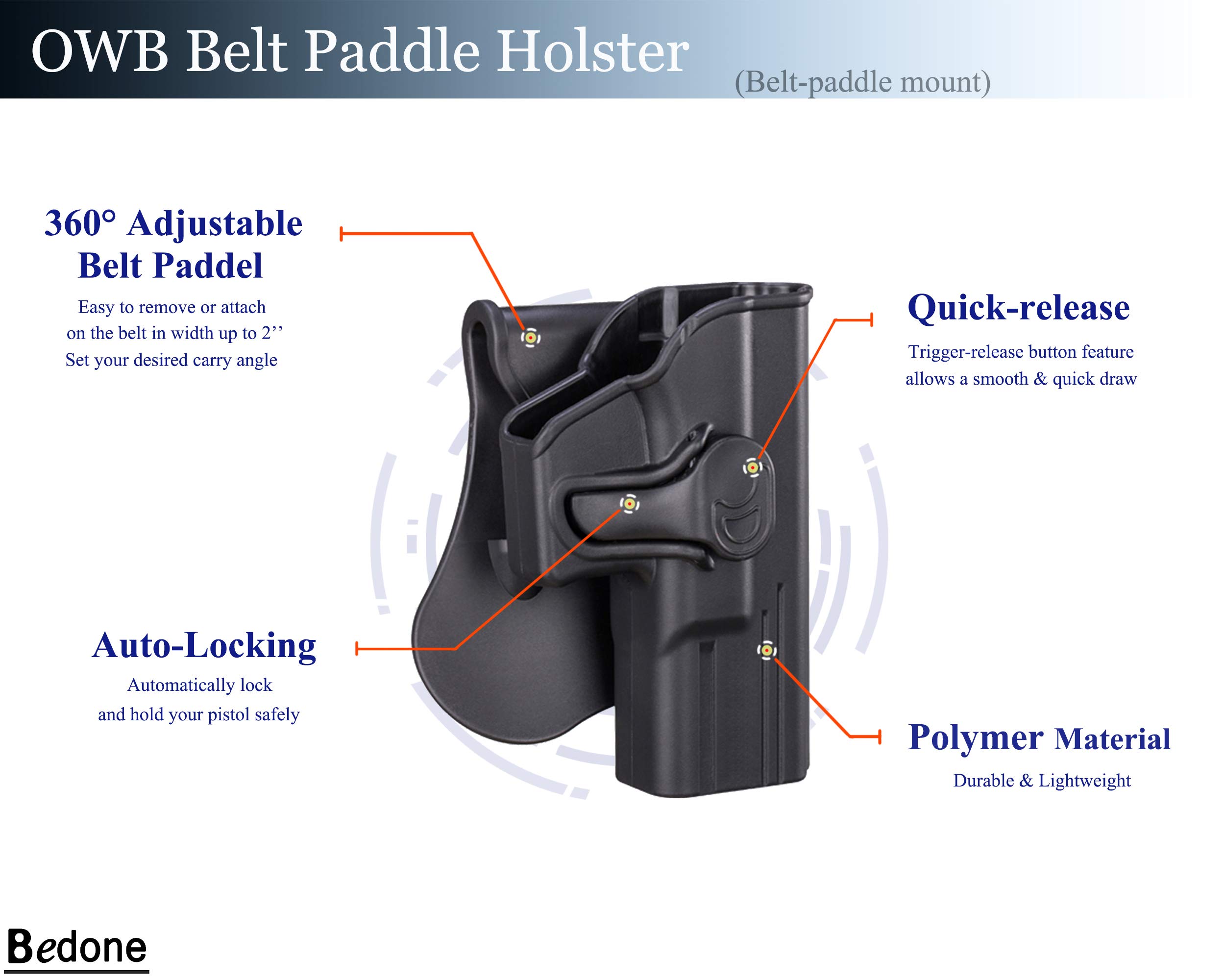 Bedone G19 Holster, OWB Paddle Holster fits Glock 19 19X 23 44 45 Gen 1 2 3 4, Outside Waistband Holster, Open Carry Tactical Gun Holster, Adjustable Cant & Fast Release - Right Handed