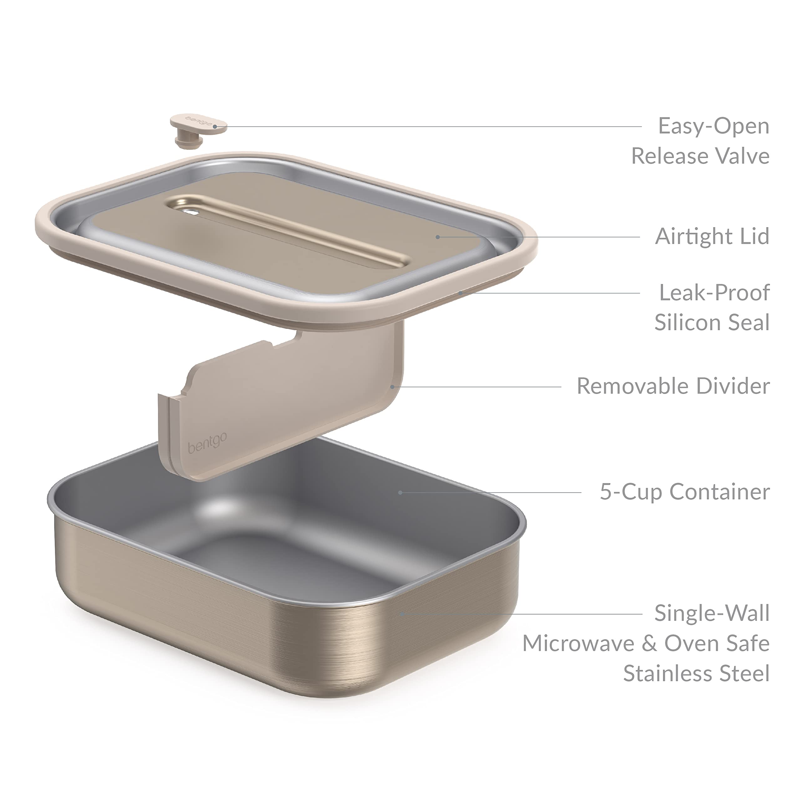 Bentgo® MicroSteel® Leak-Proof Lunch Box - Microwave-Safe, Oven-Safe, Bento-Style Container with Removable Divider, Airtight Lid, Sustainable Design, Odor & Stain Resistant (Gold)