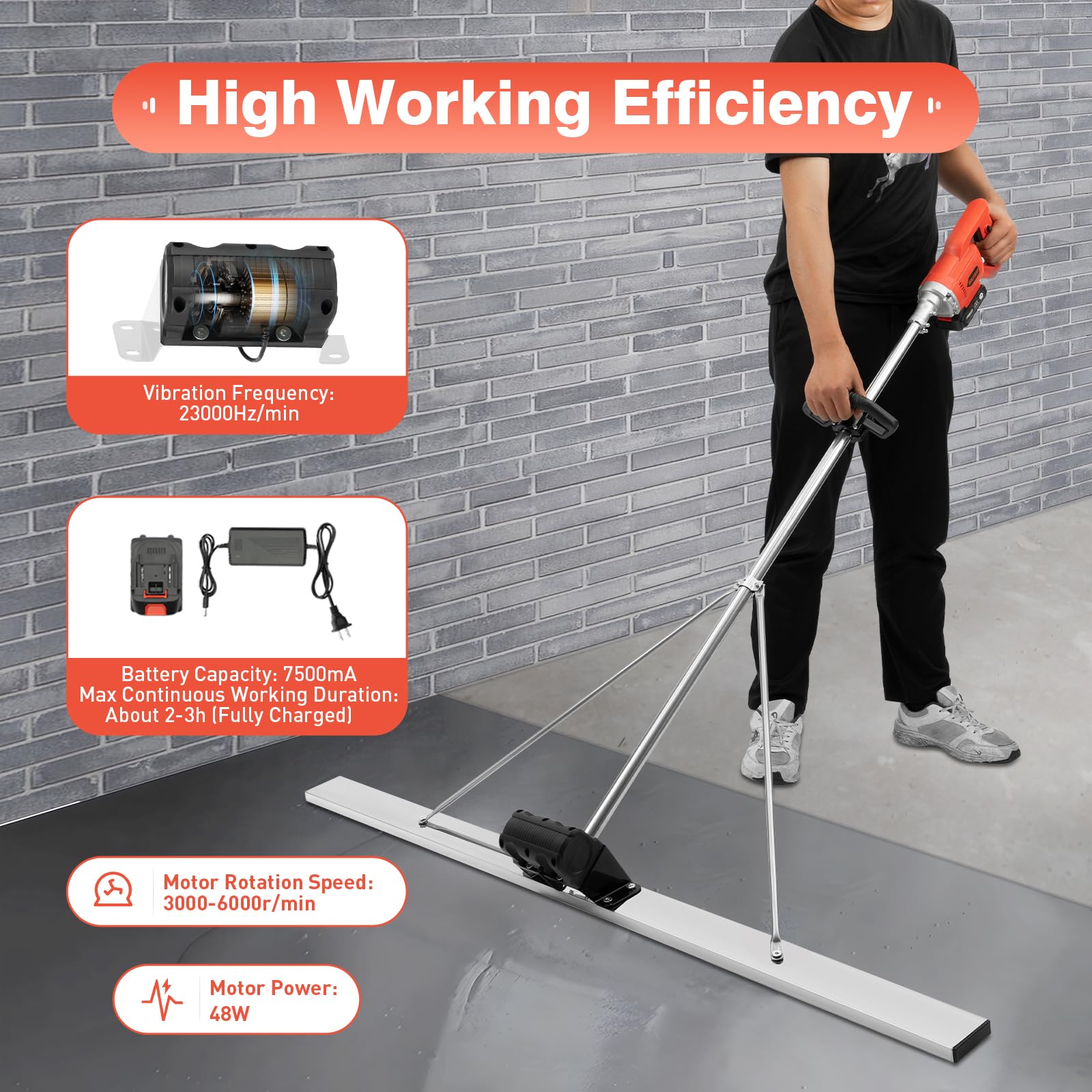 Concrete Vibrating Tool 21V Electric Cordless Concrete Screed Vibrator Kit 5FT Cement Smooth Finishing Floating Cutting Board Battery Powered Surface Leveling Ruler Poles(Sent in 2 Packages)
