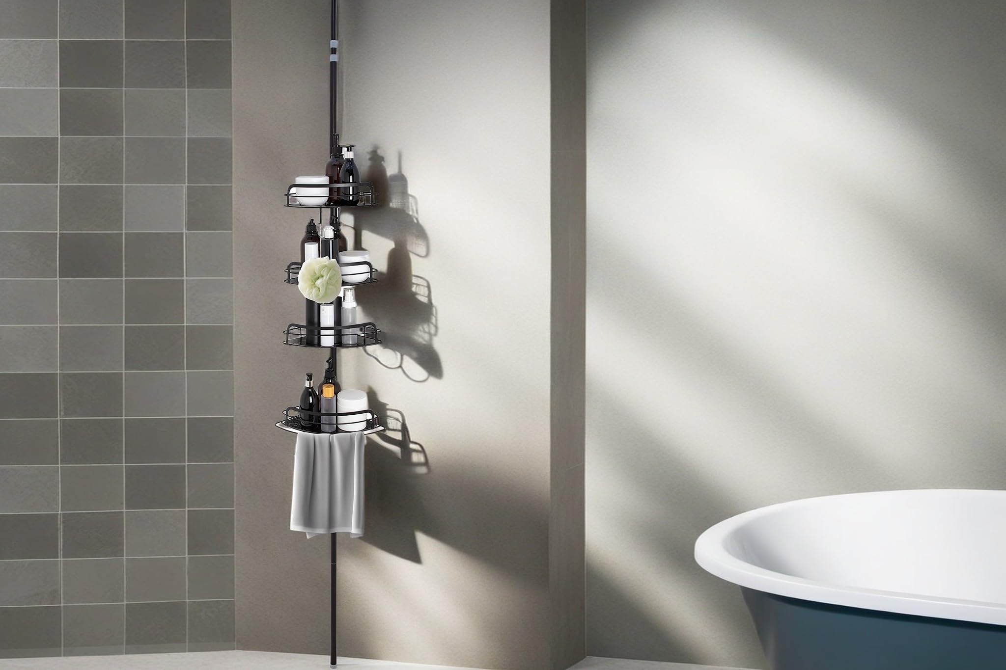 Everkeen Corner Shower Caddy Tension Pole, 4 Tier Bathroom Organizer and Shampoo Storage Shelves 48 to 115 inch Adjustable Floor Standing Bath Rack Holder with Sticky Hooks, Quick Installation