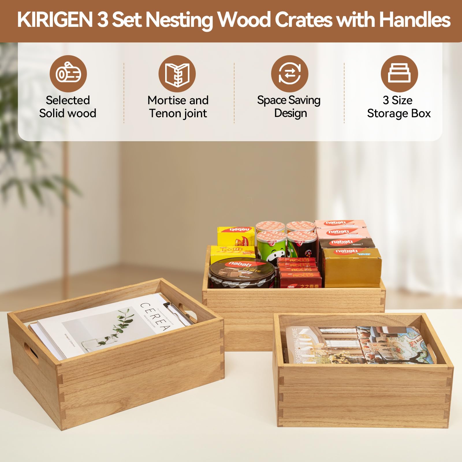 KIRIGEN Nesting Wood Crates with Handles Set of 3 - Farmhouse Decor Wooden Storage Containers/ Portable Rolling Tray Basket/ Crates Decorative Boxes Natural 3TH-NA