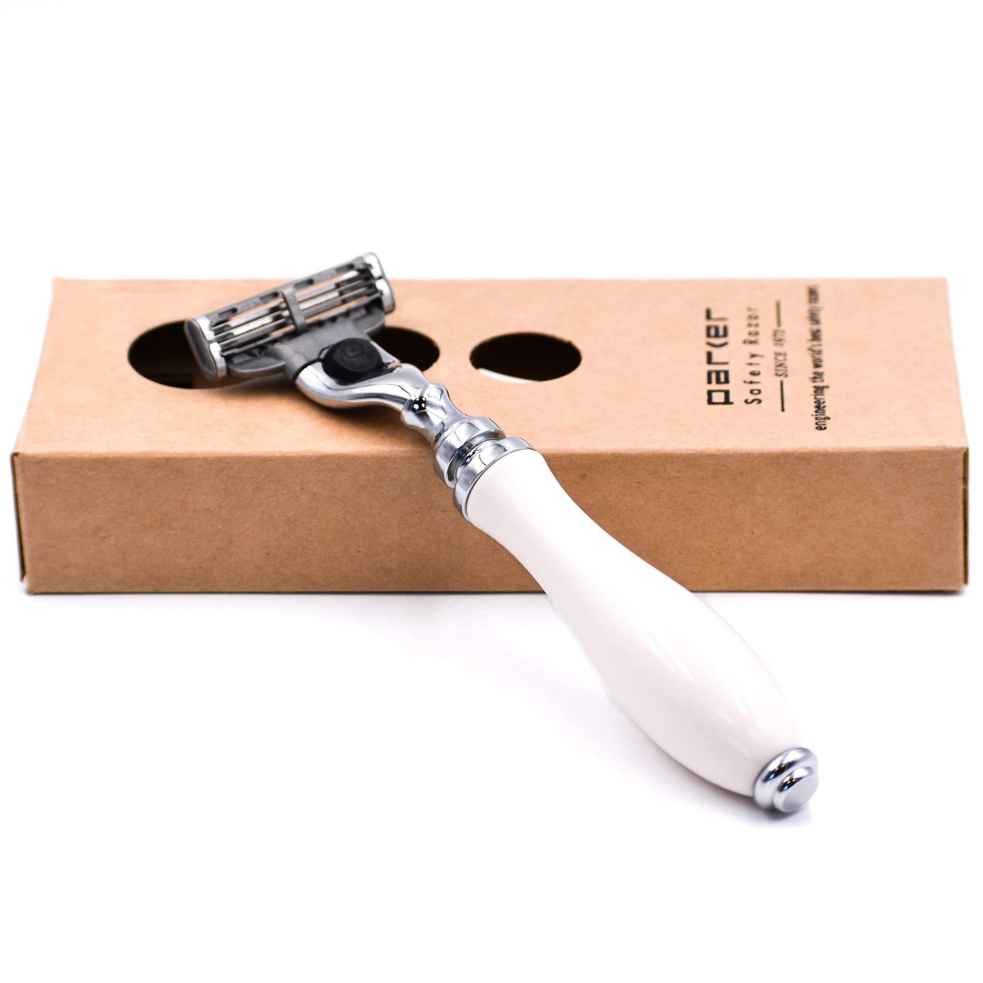 Parker β Deluxe Mach 3 Razor with Triple Blades for Close Shave β Premium White Resin Handle with Chrome Trim